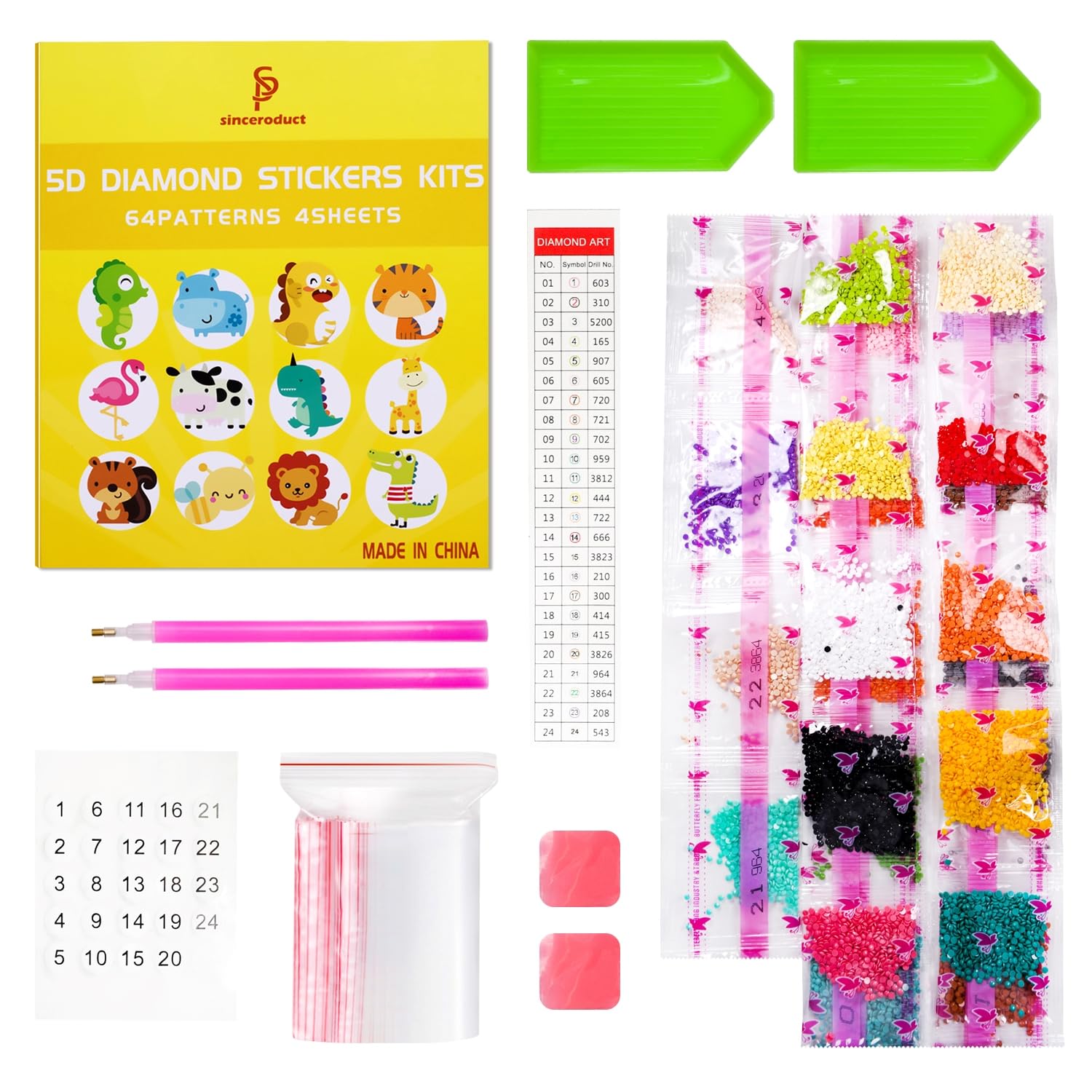 sinceroduct 64 PCS 5D DIY Diamond Painting Stickers Kits for Kids and Adult Beginners, Stick - Shaped Paint Marked with Diamonds by Numbers, More Cute Animals, Dinosaurs, Kids Gift