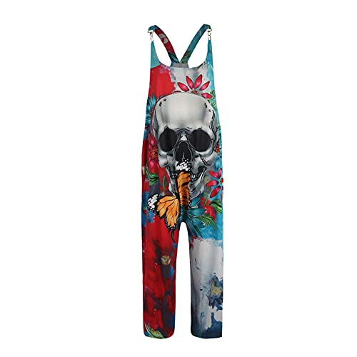 Women Boho Wide Leg Jumpsuits Summer Floral Skeleton Print Plus Size Baggy Dungarees Overalls Y2k Romper Clothes (Color A, X-Large)