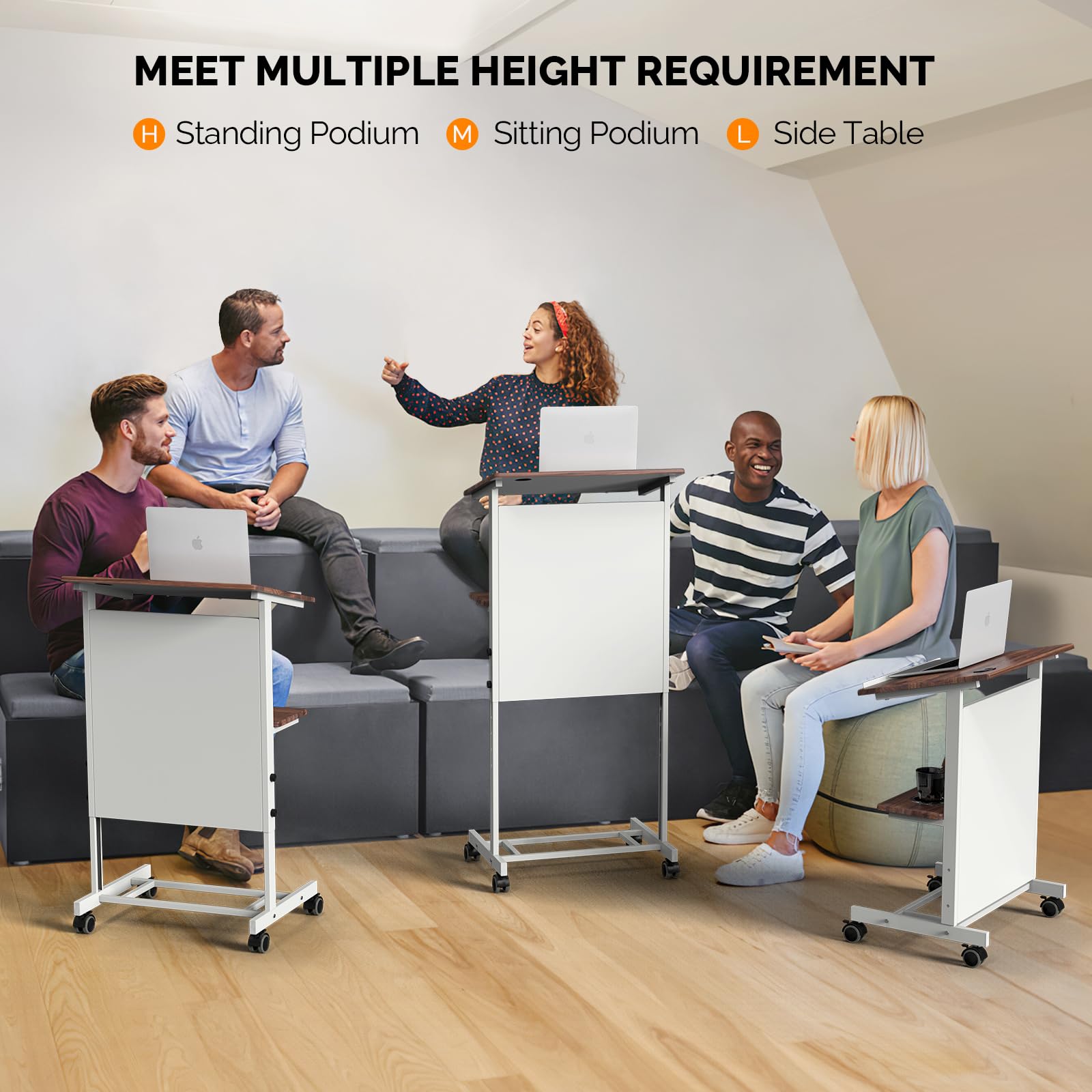 Bonnlo Mobile Stand Up Lectern Height Adjustable Podium with Wheels, Portable Heavy Duty Desk, Church Pulpit or Ceremony, Classroom Lecture Speech Teach Platform, Walnut Tabletop and White Steel Frame