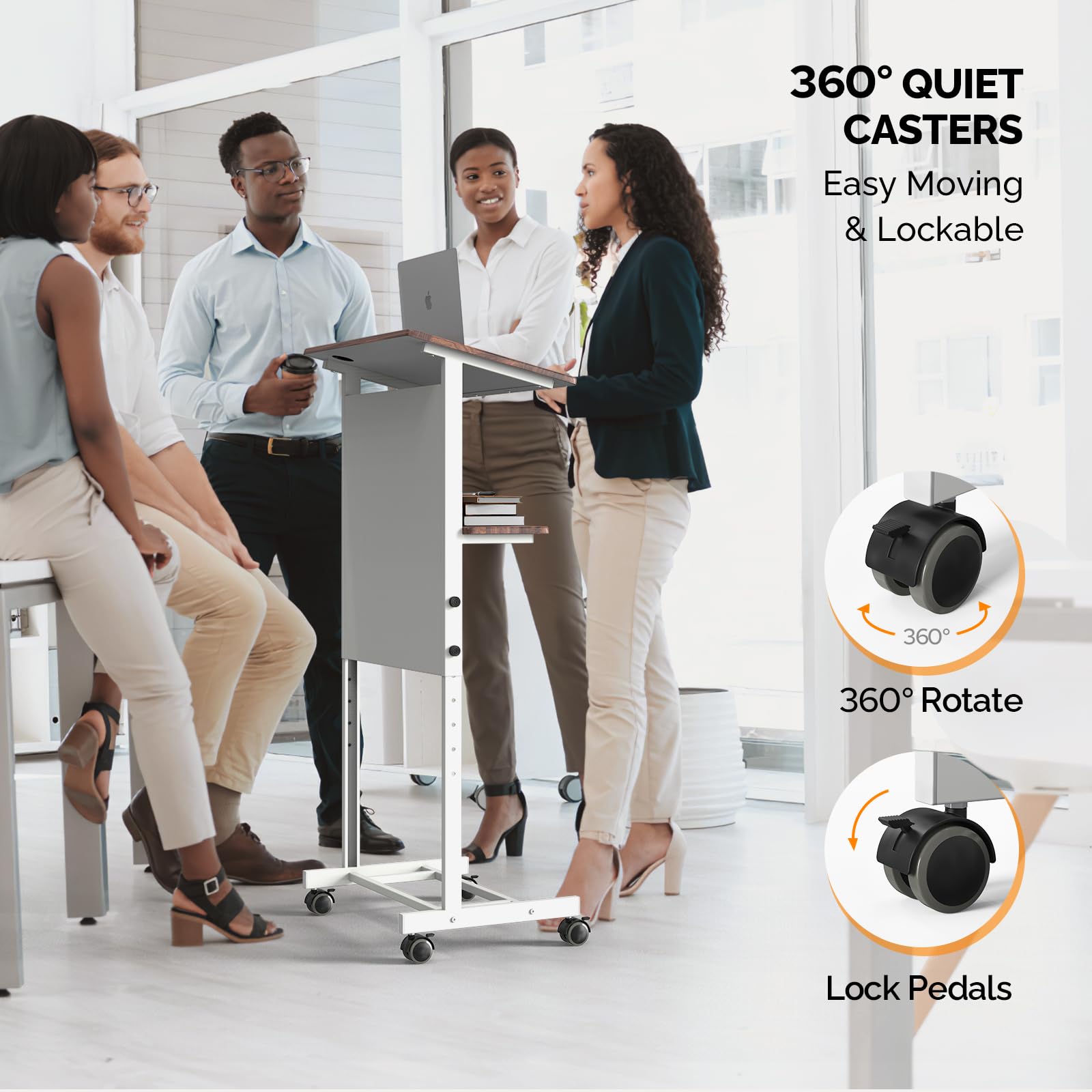 Bonnlo Mobile Stand Up Lectern Height Adjustable Podium with Wheels, Portable Heavy Duty Desk, Church Pulpit or Ceremony, Classroom Lecture Speech Teach Platform, Walnut Tabletop and White Steel Frame