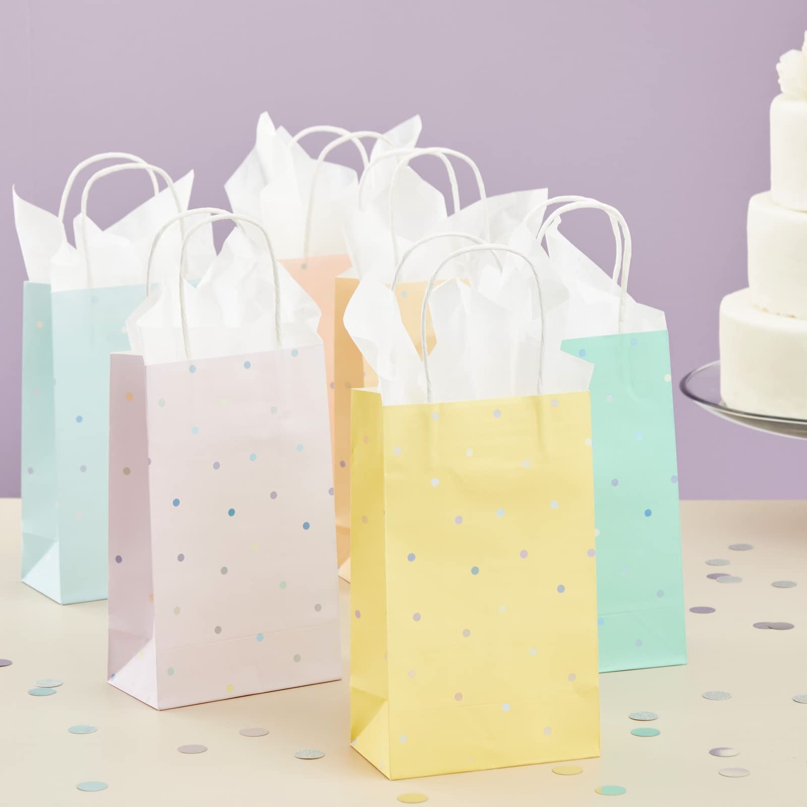 BLUE PANDA 36 Pack Small Polka Dot Rainbow Gift Bags with Handles and White Tissue Paper for Birthdays, 6 Pastel Colors (9 x 6 x 3 In)
