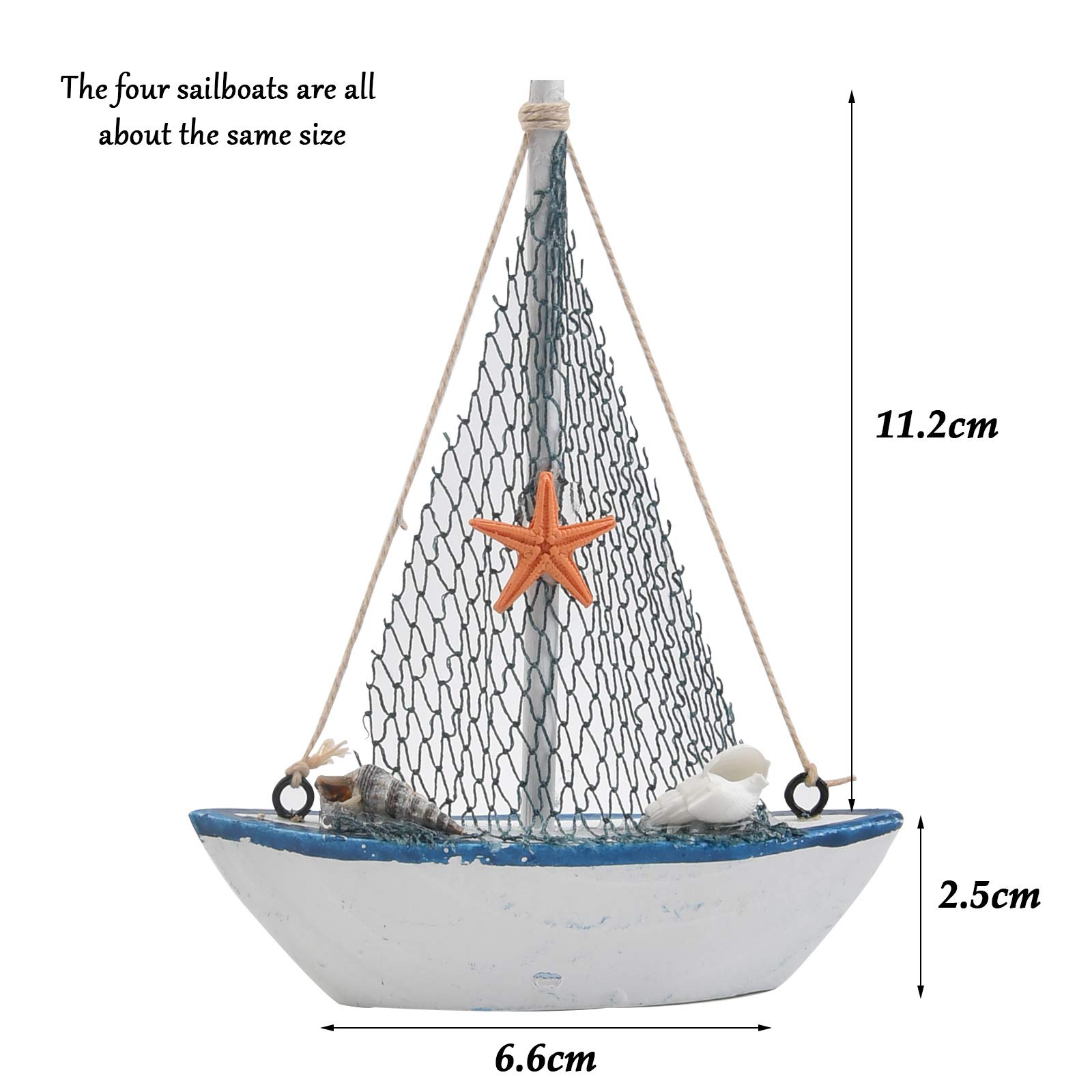 BUYGOO 4 Pack Mini Sailboat Model Decoration, Wooden Miniature Sailing Boat Home Decor Set, Beach Nautical Design, Navy Blue and White, for Ocean Theme Decoration, 4.3 x 5.3 x 1.25 Inches (4 Different Design)