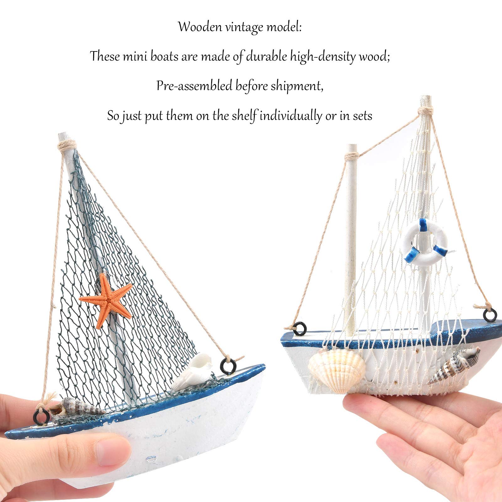BUYGOO 4 Pack Mini Sailboat Model Decoration, Wooden Miniature Sailing Boat Home Decor Set, Beach Nautical Design, Navy Blue and White, for Ocean Theme Decoration, 4.3 x 5.3 x 1.25 Inches (4 Different Design)