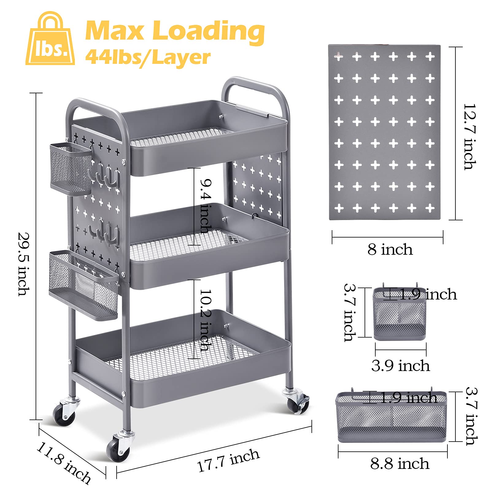 TOOLF 3-Tier Storage Cart, Utility Rolling Cart with DIY Dual Pegboards, Art Craft Trolley with Removable Baskets Hooks, Organizer Serving Cart Easy Assemble for Office, Home, Kitchen, Hospital,Grey