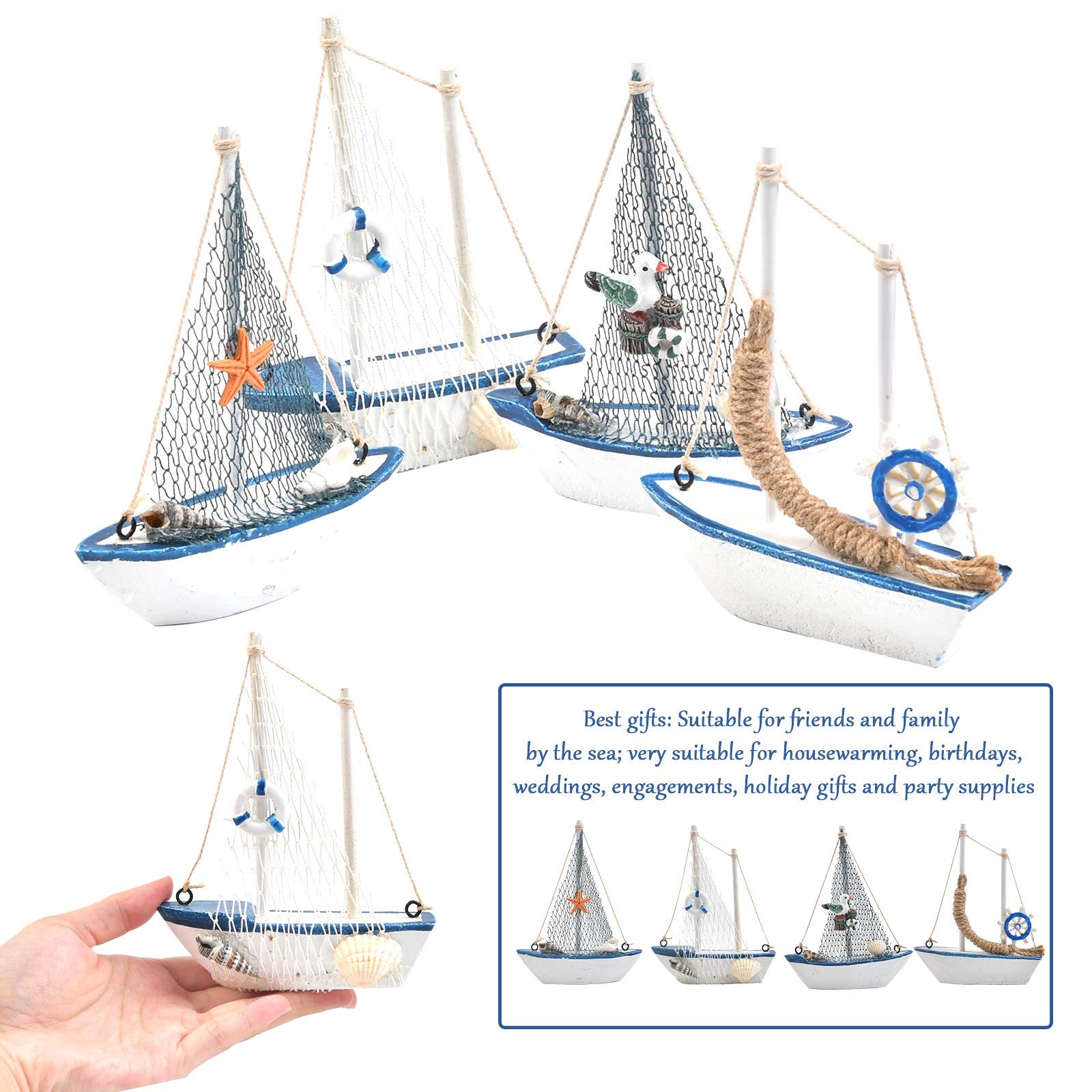 BUYGOO 4 Pack Mini Sailboat Model Decoration, Wooden Miniature Sailing Boat Home Decor Set, Beach Nautical Design, Navy Blue and White, for Ocean Theme Decoration, 4.3 x 5.3 x 1.25 Inches (4 Different Design)
