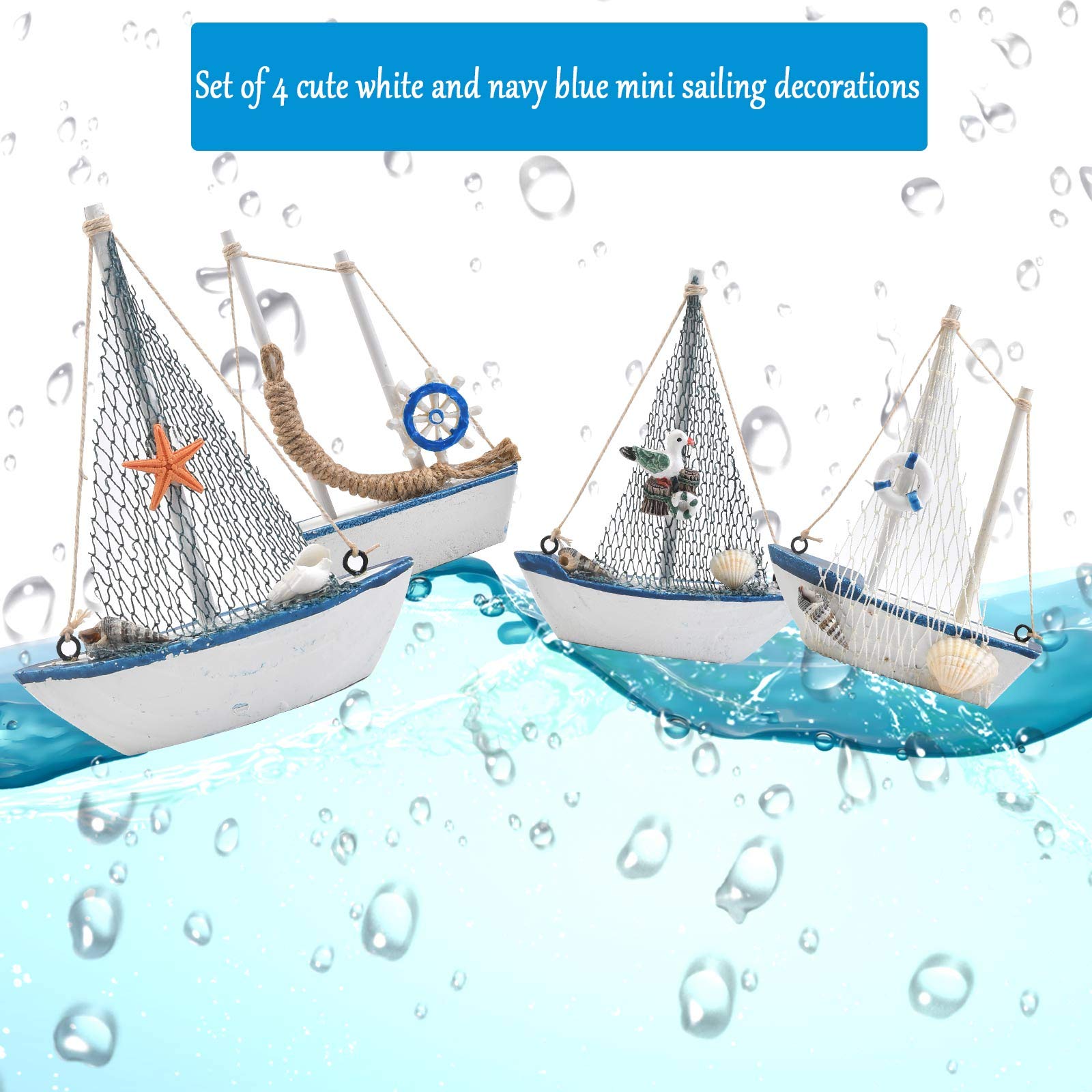 BUYGOO 4 Pack Mini Sailboat Model Decoration, Wooden Miniature Sailing Boat Home Decor Set, Beach Nautical Design, Navy Blue and White, for Ocean Theme Decoration, 4.3 x 5.3 x 1.25 Inches (4 Different Design)