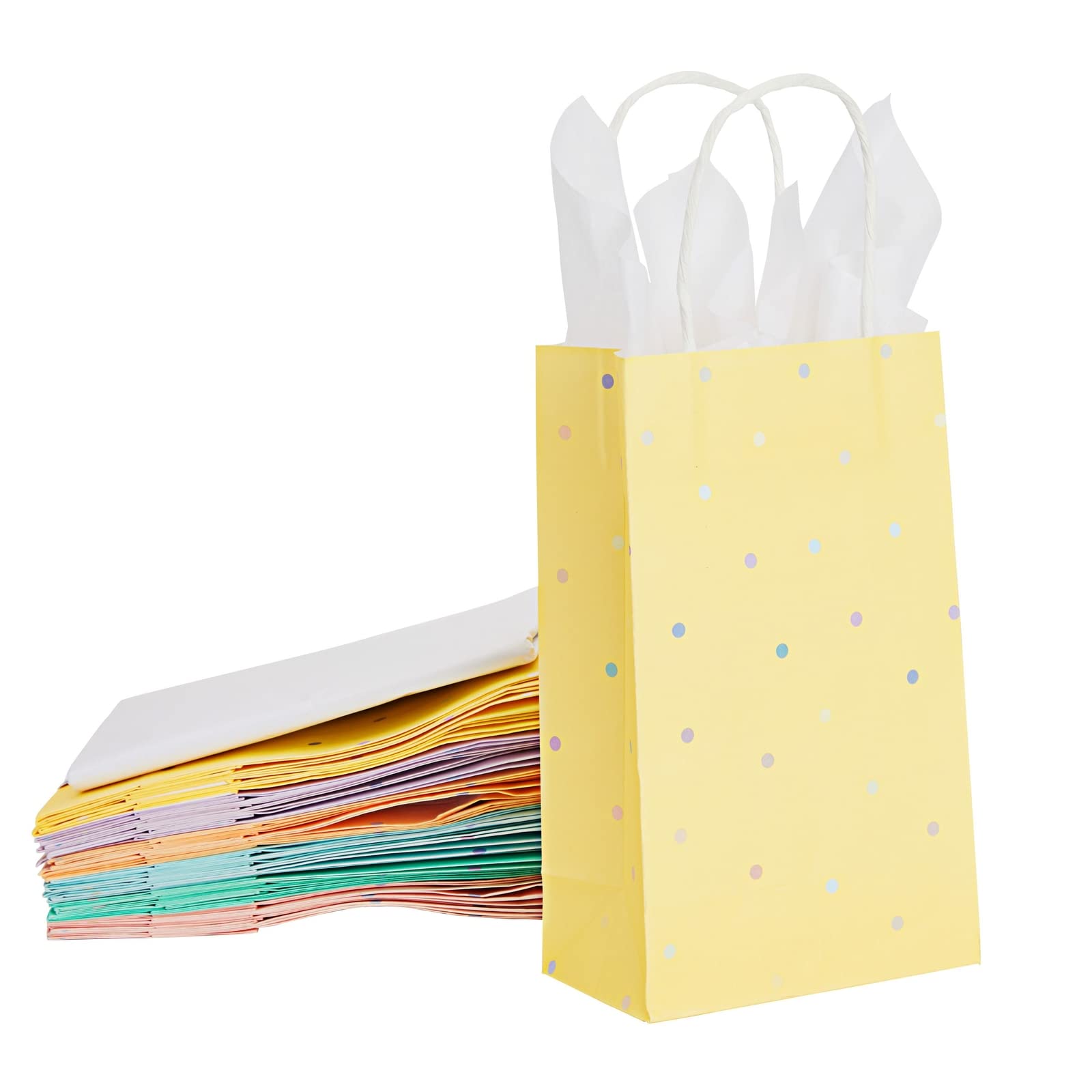 BLUE PANDA 36 Pack Small Polka Dot Rainbow Gift Bags with Handles and White Tissue Paper for Birthdays, 6 Pastel Colors (9 x 6 x 3 In)