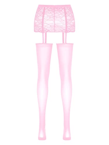 zdhoor Women's Sexy Lingerie Sheer Mesh Lace Tulle Micro Skirts with Suspender Garter Belt Stockings Pink Medium