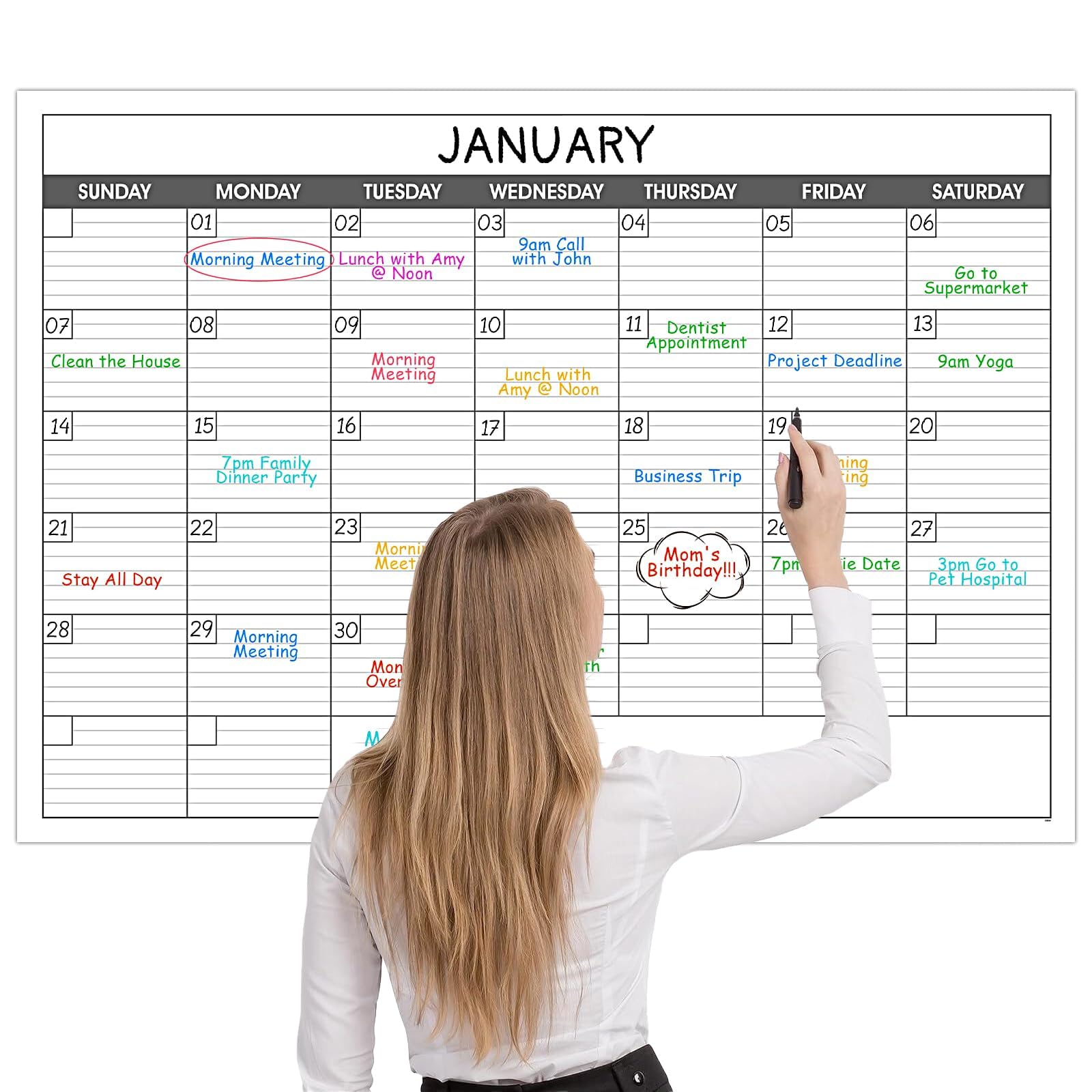 Dry Erase Calendar for Wall - Large Dry Erase Calendar, 28" x 40", Undated Monthly Calendar for Home, Office, Classroom, Erasable Laminated Calendar Whiteboard with 6 Markers & 6 Stickers
