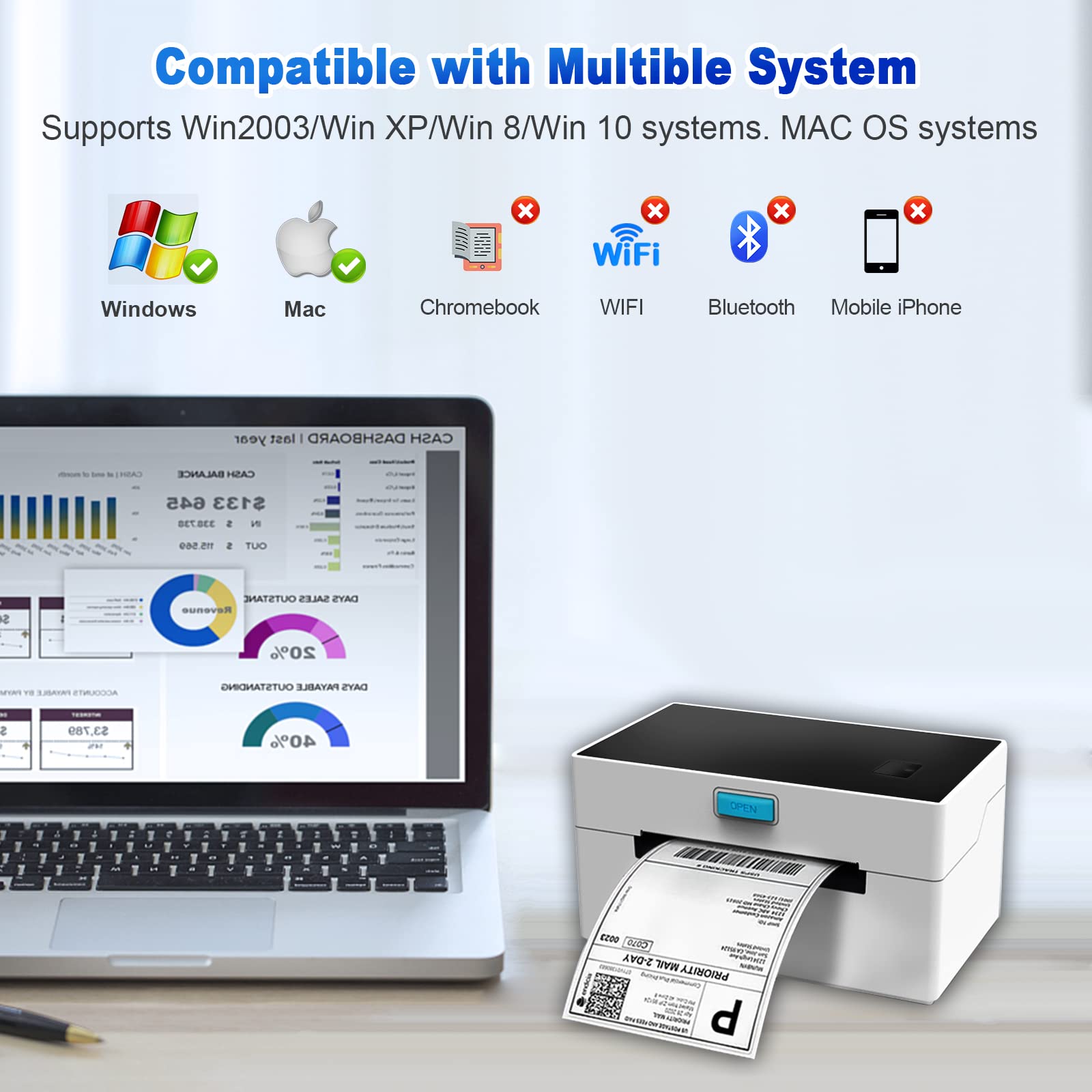TEROW Thermal Shipping 4x6 Label Printer: Desktop Label Printers with 160mm/s High-Speed Printing and Auto Label Detection Compatible for Small Business, Warehouse and More (with a Label Holder)