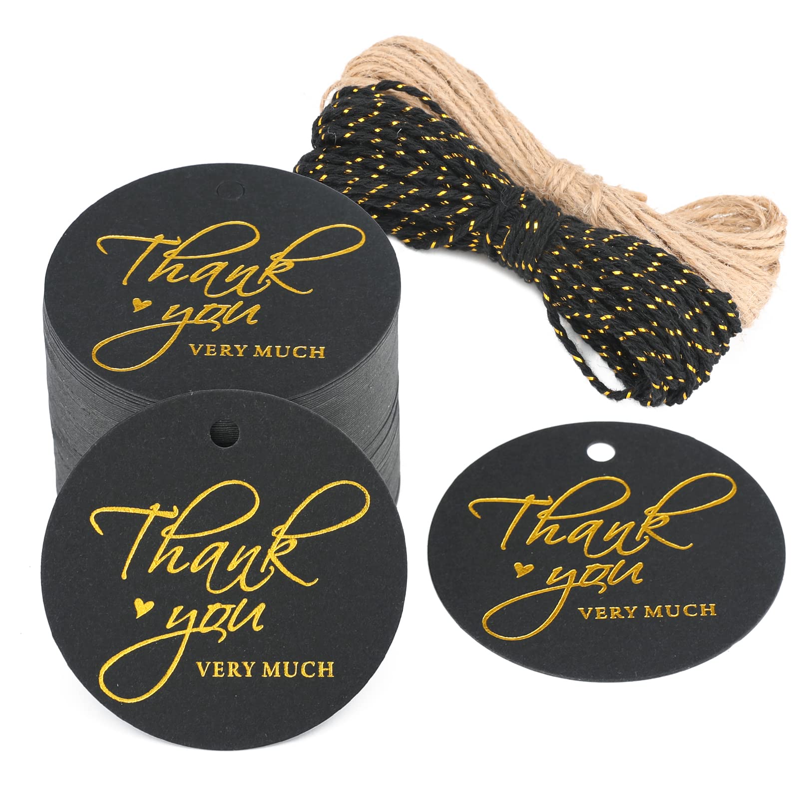 High-end Metallic Gold Thank You Tag,100PCS Gift Tags with String for Wedding, Birthday Baby Shower, Party Favor - Thank You Very Much (Black)