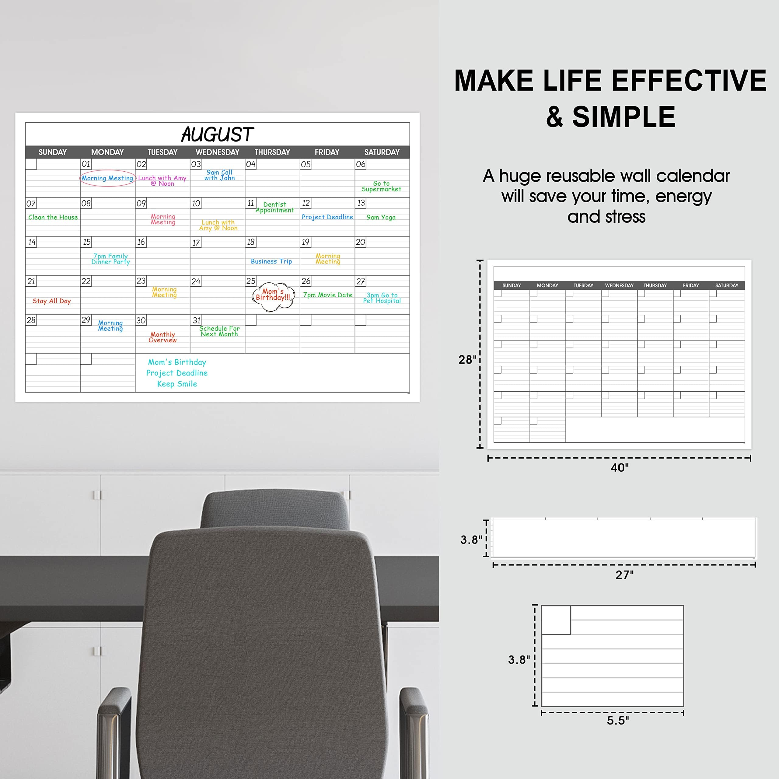 Dry Erase Calendar for Wall - Large Dry Erase Calendar, 28" x 40", Undated Monthly Calendar for Home, Office, Classroom, Erasable Laminated Calendar Whiteboard with 6 Markers & 6 Stickers