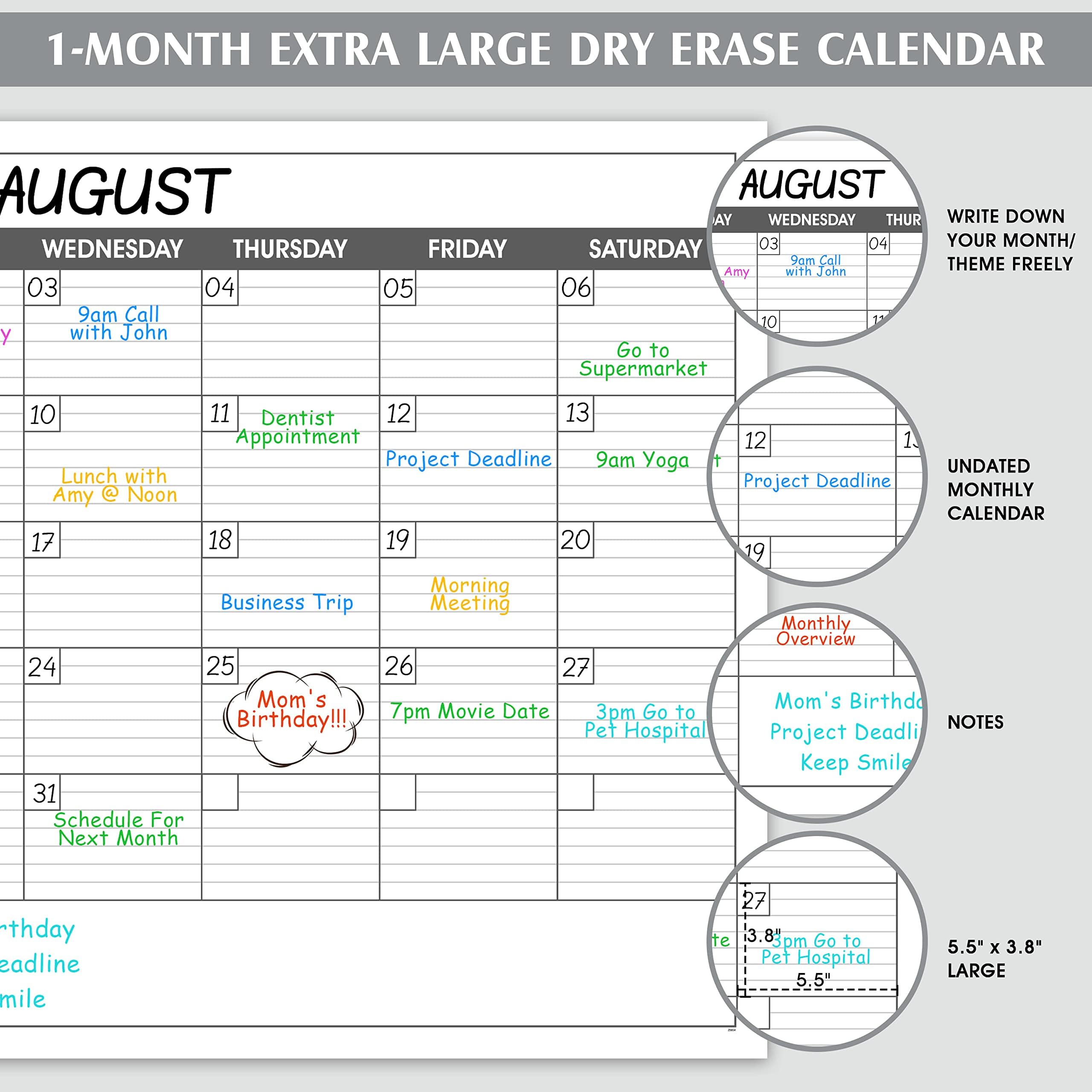 Dry Erase Calendar for Wall - Large Dry Erase Calendar, 28" x 40", Undated Monthly Calendar for Home, Office, Classroom, Erasable Laminated Calendar Whiteboard with 6 Markers & 6 Stickers