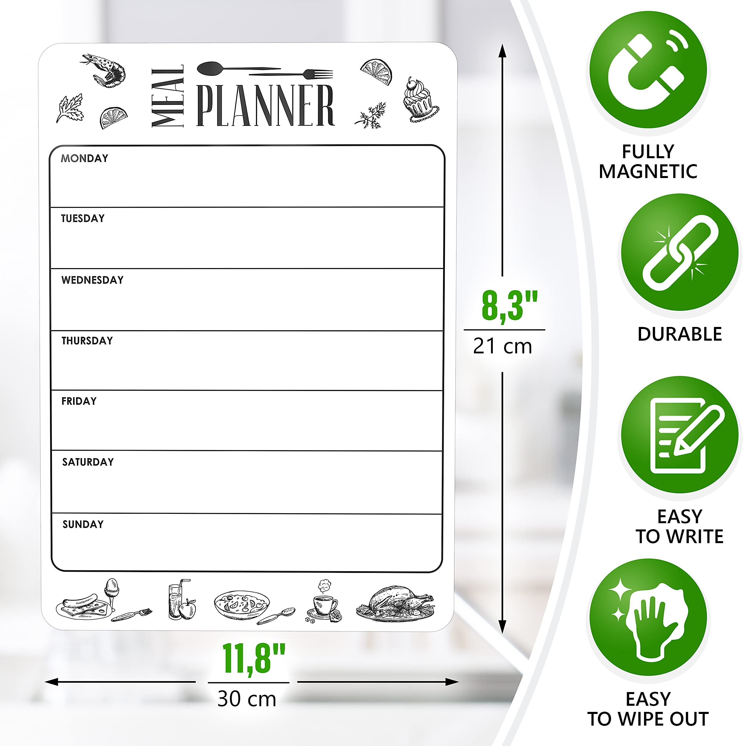Magnetic Meal Planner for Refrigerator Dry Erase A4 - Magnet Weekly Menu Board for Fridge - Magnetic Menu White Board - Fridge Meal Planner Magnet - Meal Planner Dry Erase Board