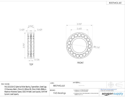 FAG 22211E1K-C3 Spherical Roller Bearing, Tapered Bore, Steel Cage, C3 Clearance, Metric, 55mm ID, 100mm OD, 25mm Width, 8500rpm Maximum Rotational Speed, 32822 lbf Static Load Capacity, 31473 lbf Dynamic Load Capacity
