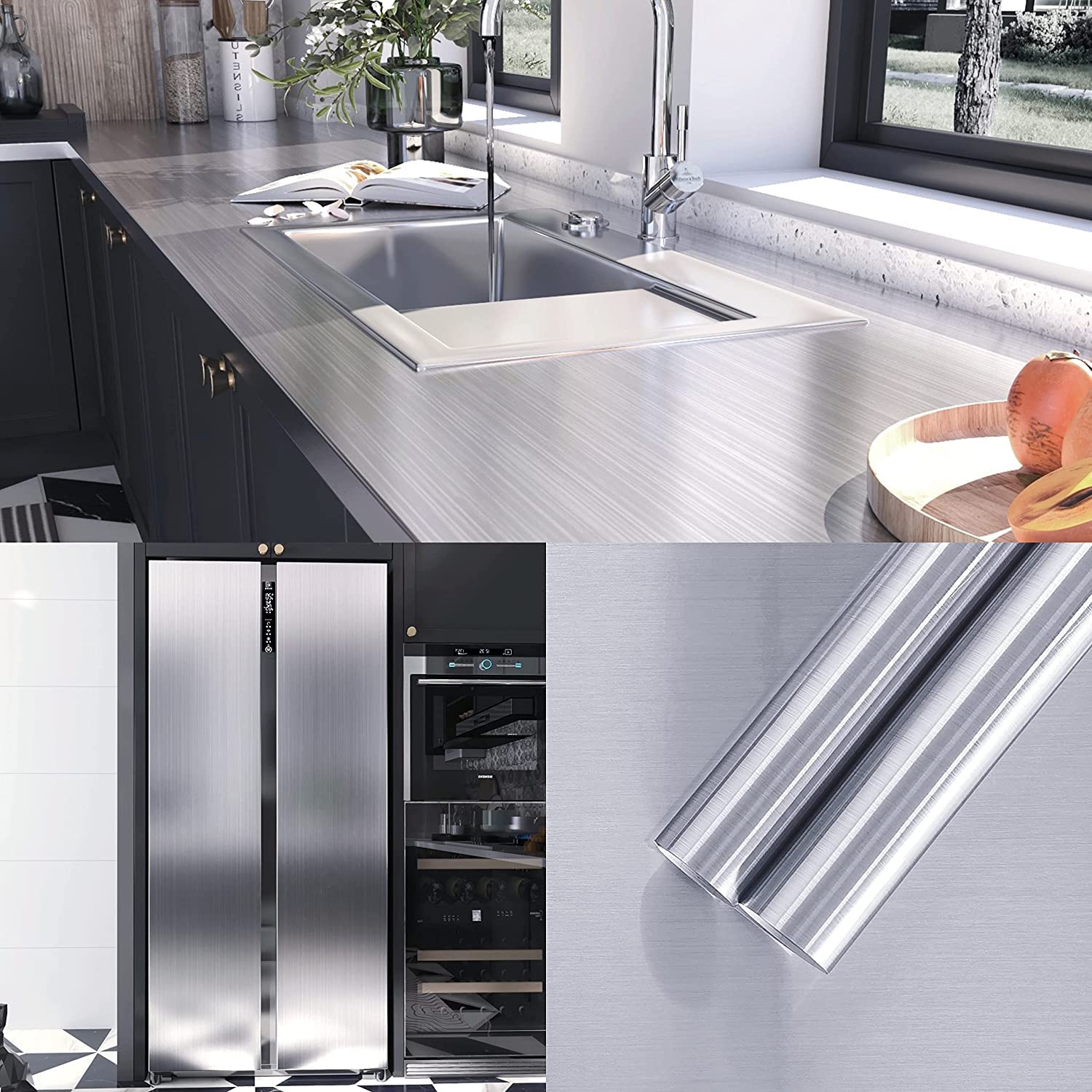 Silver Stainless Steel Contact Paper 15.7"x393" Wallpaper Peel and Stick Wall Paper Waterproof Easily Removable Self-Adhesive Film Wall Covering for Metal Surface Kitchen Cabinet Refrigerator