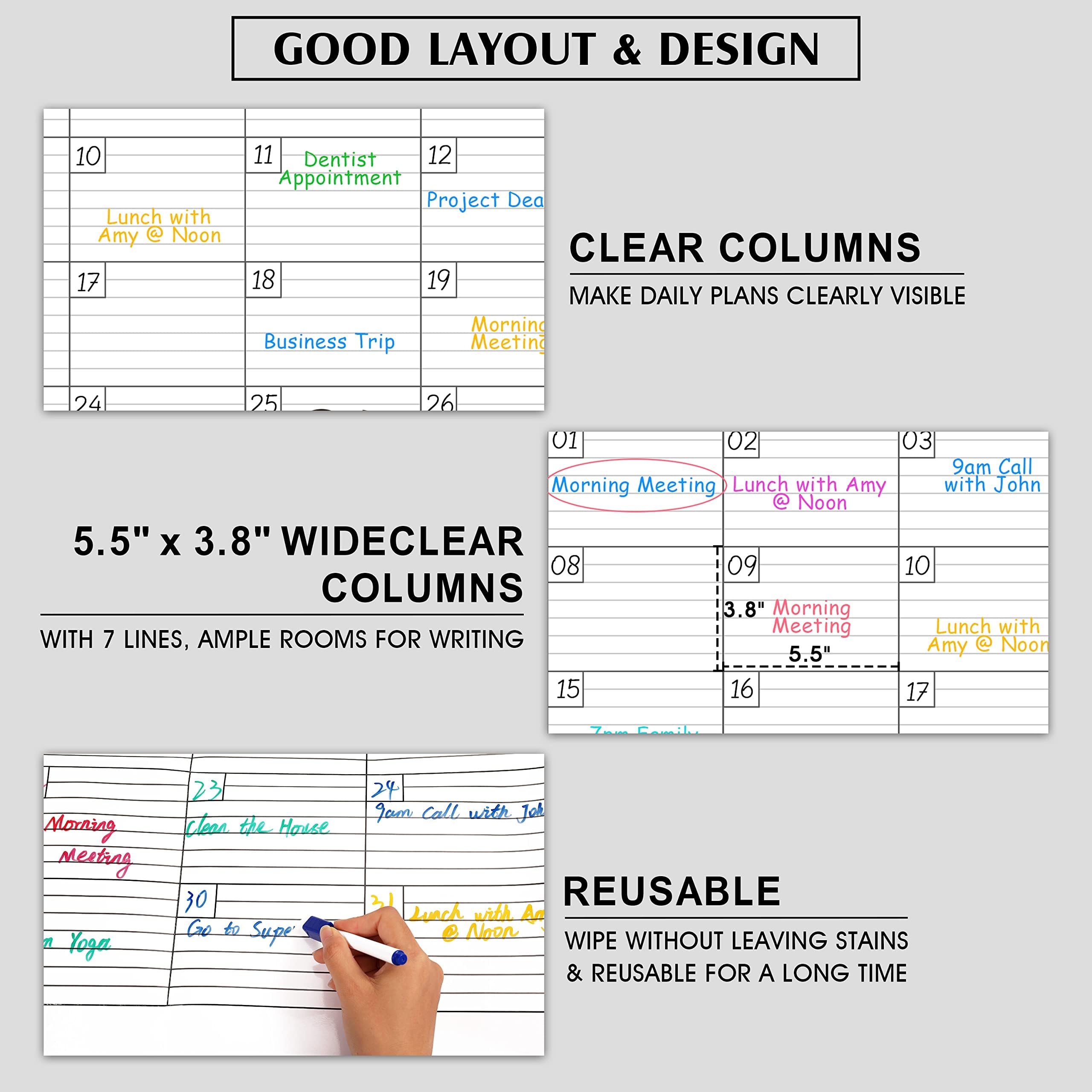 Dry Erase Calendar for Wall - Large Dry Erase Calendar, 28" x 40", Undated Monthly Calendar for Home, Office, Classroom, Erasable Laminated Calendar Whiteboard with 6 Markers & 6 Stickers