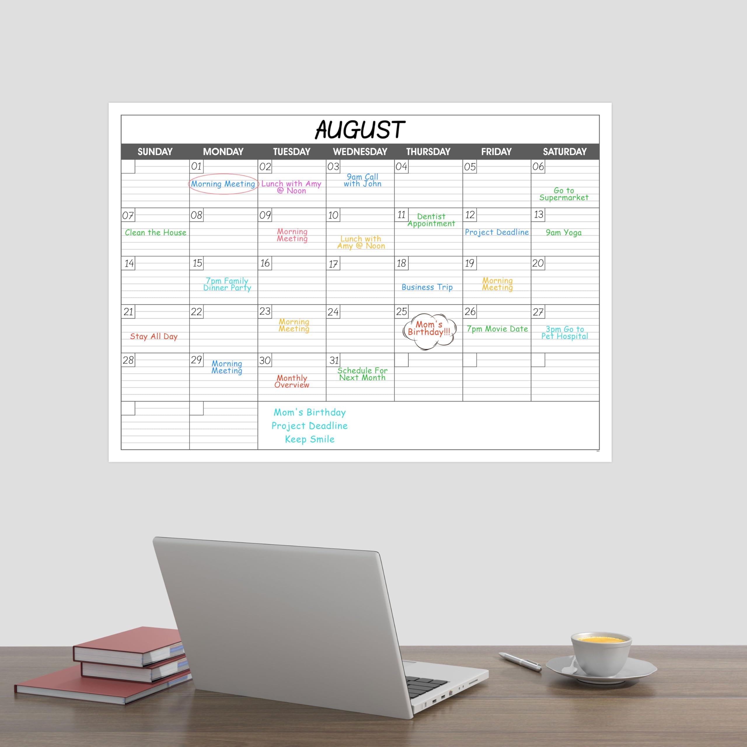 Dry Erase Calendar for Wall - Large Dry Erase Calendar, 28" x 40", Undated Monthly Calendar for Home, Office, Classroom, Erasable Laminated Calendar Whiteboard with 6 Markers & 6 Stickers