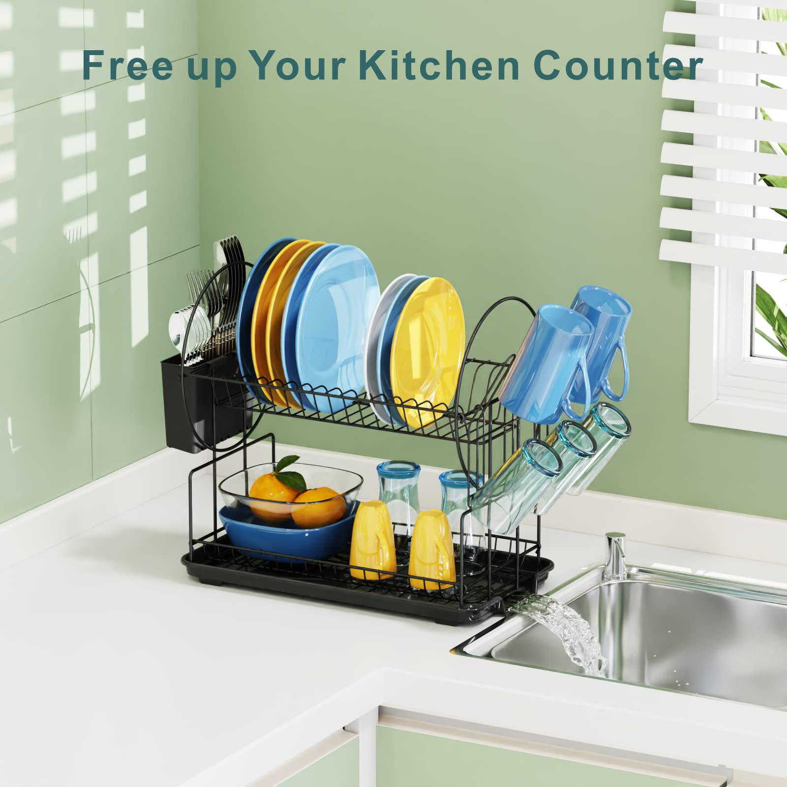 GSlife Dish Drying Rack, Rust-Resistant Small 2 Tier Dish Rack with Drainboard Set, Dish Drainer with Utensil Holder & Cup Holder for Kitchen Counter, Black