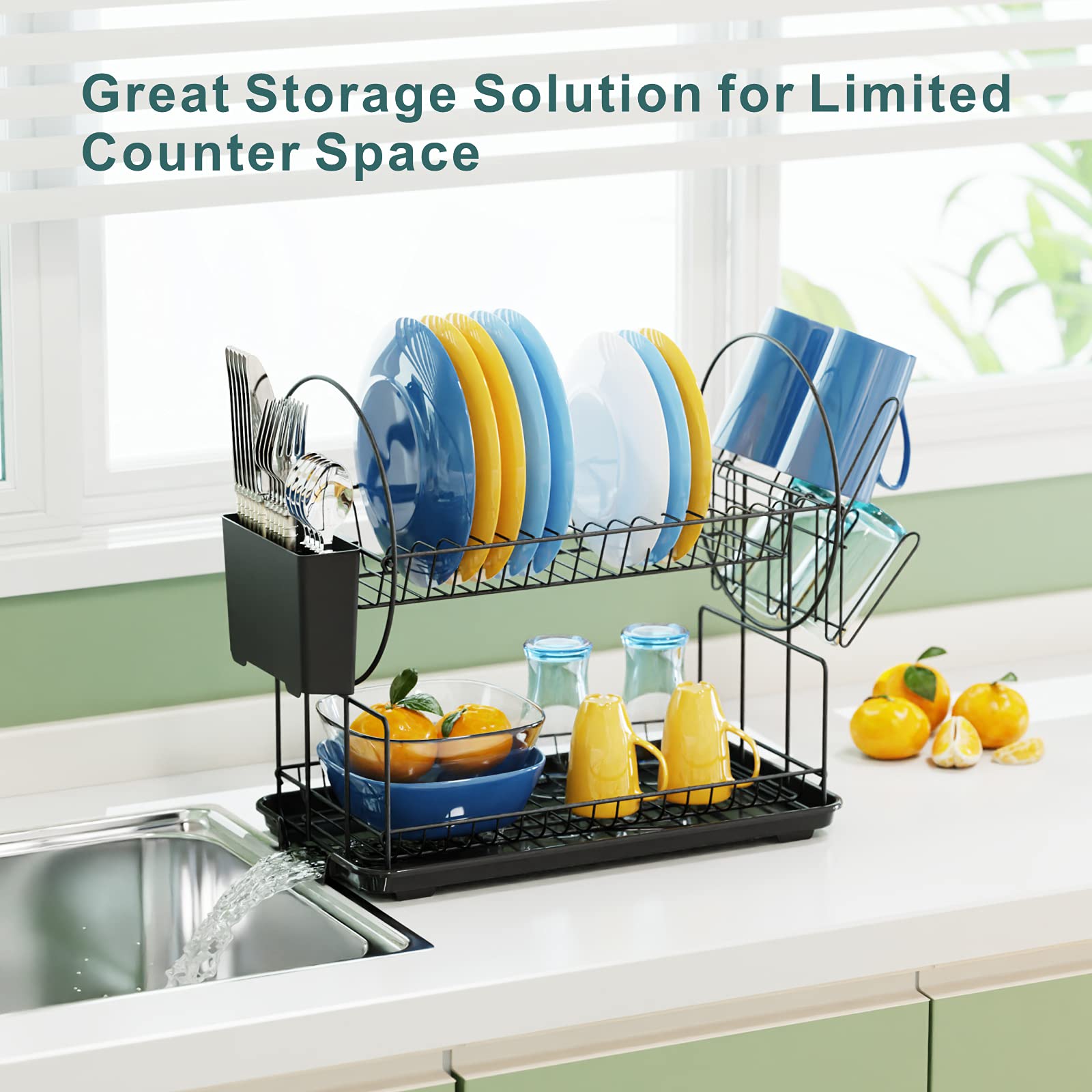 GSlife Dish Drying Rack, Rust-Resistant Small 2 Tier Dish Rack with Drainboard Set, Dish Drainer with Utensil Holder & Cup Holder for Kitchen Counter, Black