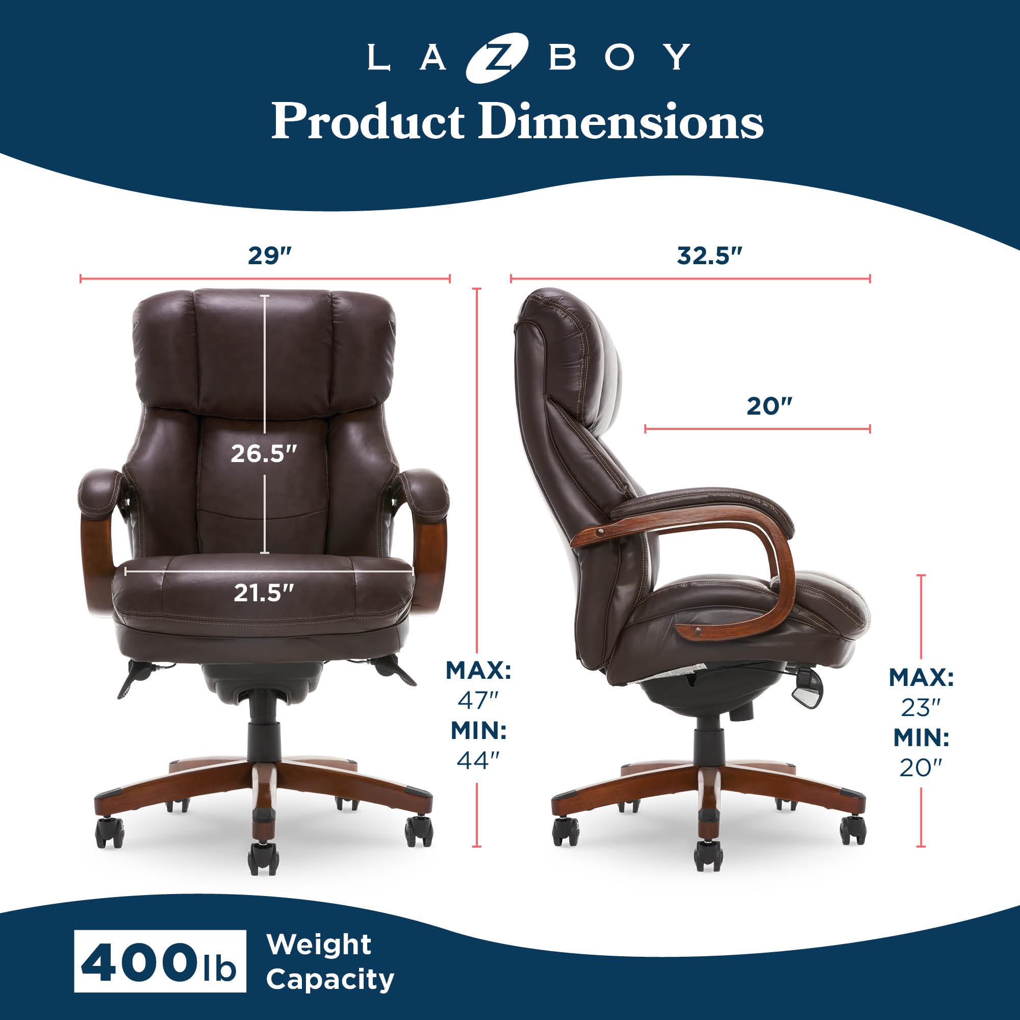 La-Z-Boy Fairmont Big and Tall Executive Office Chair with Memory Foam Cushions, High-Back with Solid Wood Arms and Base, Bonded Leather, Big & Tall, Biscuit Brown