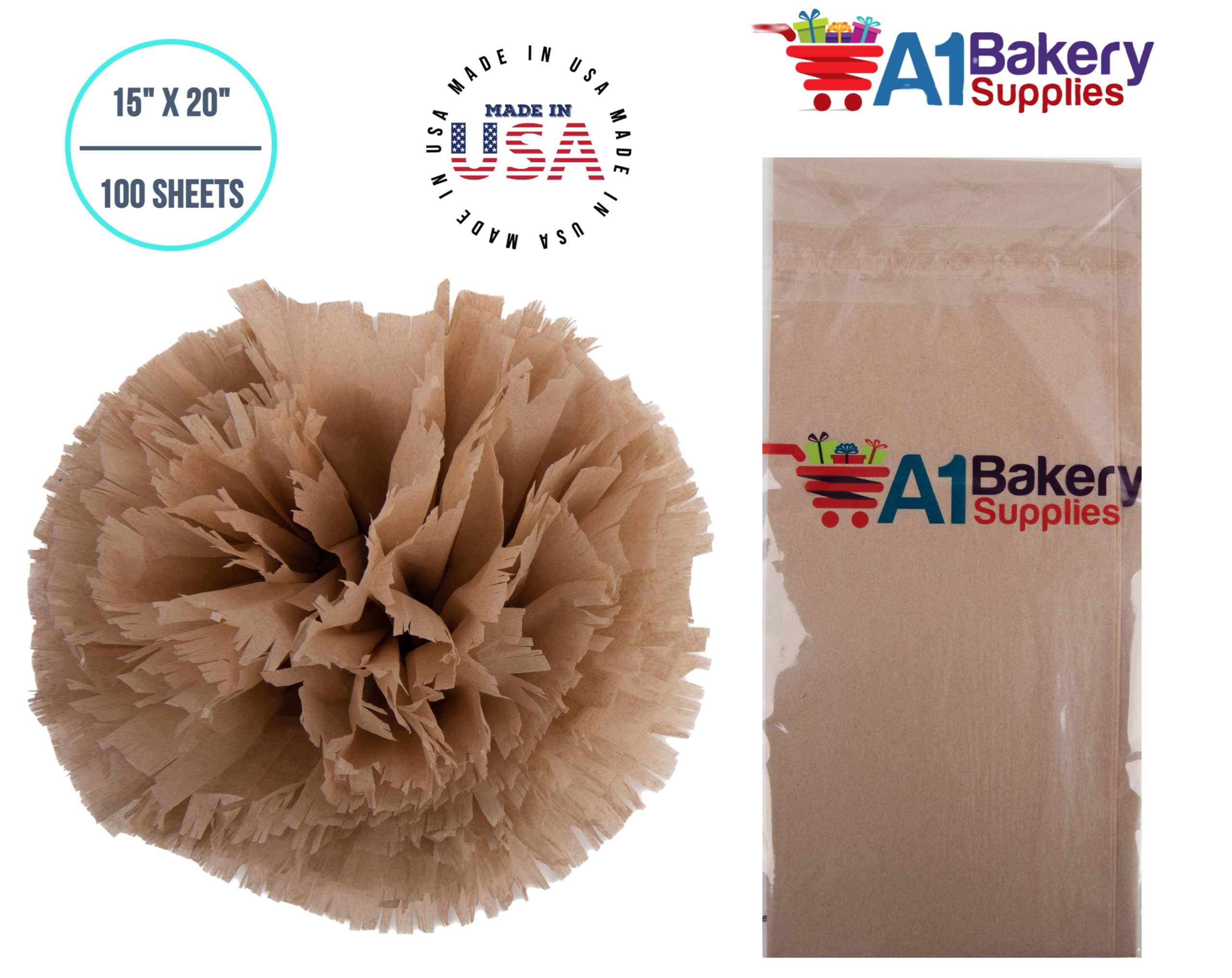 A1 Bakery Supplies Acid Free Kraft Tissue Paper 100 Sheets 15 Inch x 20 Inch Ph Neutral Premium Tissue Paper Made in USA