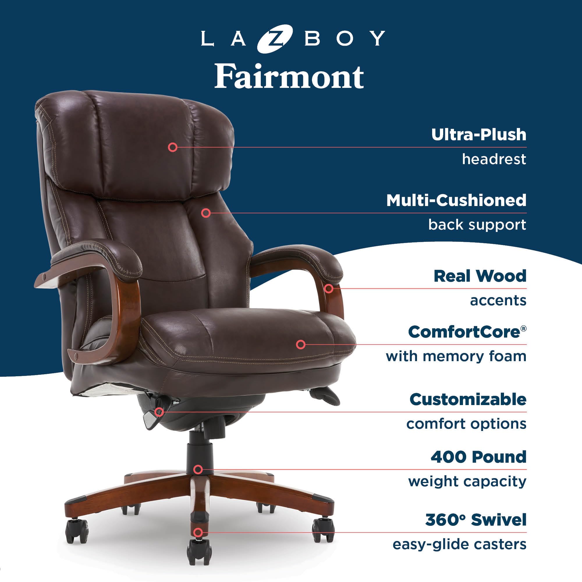 La-Z-Boy Fairmont Big and Tall Executive Office Chair with Memory Foam Cushions, High-Back with Solid Wood Arms and Base, Bonded Leather, Big & Tall, Biscuit Brown