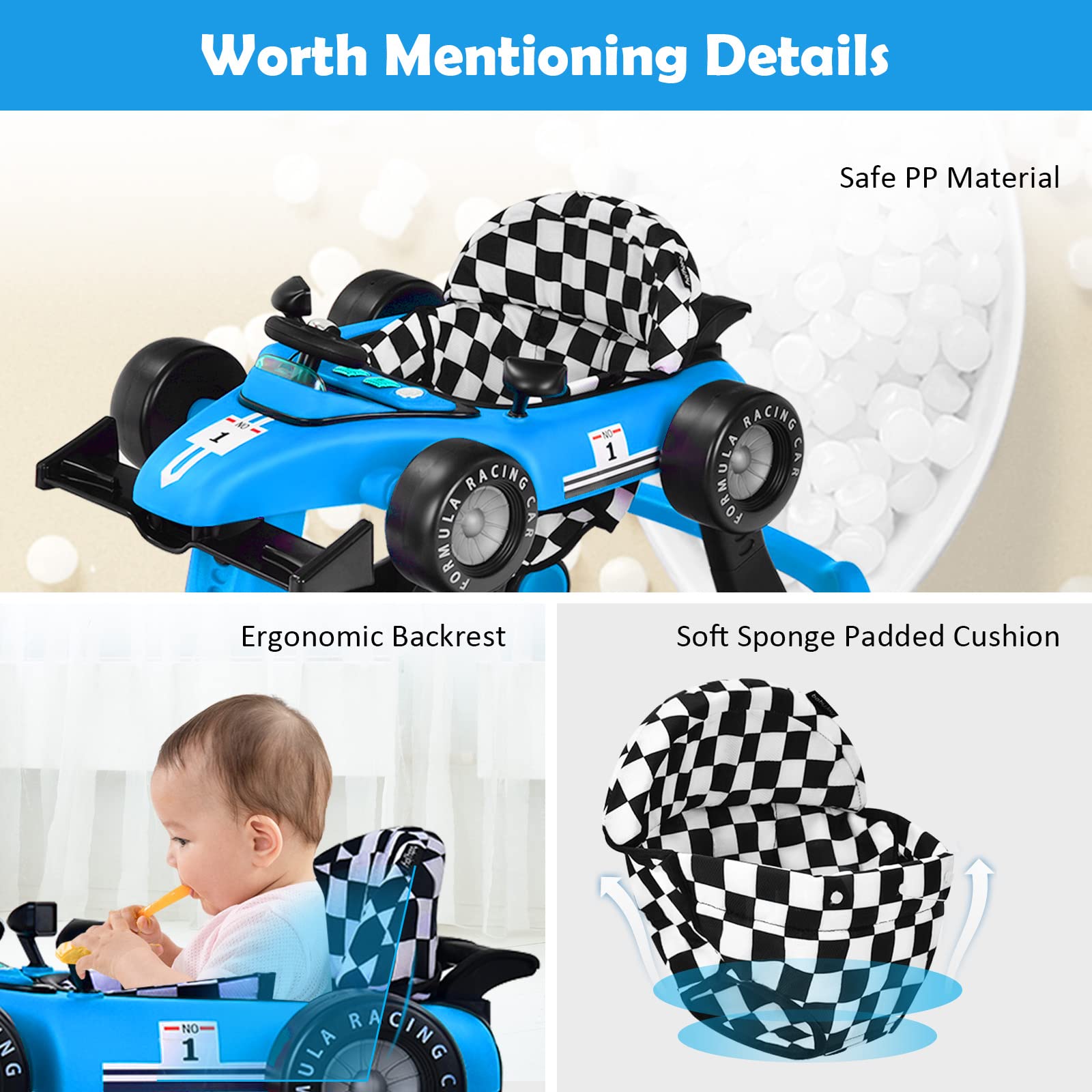 HONEY JOY 4-in-1 Baby Walker, Activity Push Walker w/3 Adjustable Heights, Smooth Wheels w/Adjustable Speed, Padded Seat, Music & Light, Foldable Car Walker for Baby Boys Girls Age 6 Months+ (Blue)