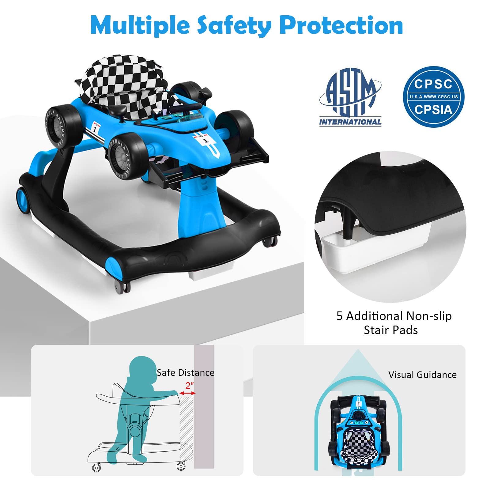 HONEY JOY 4-in-1 Baby Walker, Activity Push Walker w/3 Adjustable Heights, Smooth Wheels w/Adjustable Speed, Padded Seat, Music & Light, Foldable Car Walker for Baby Boys Girls Age 6 Months+ (Blue)