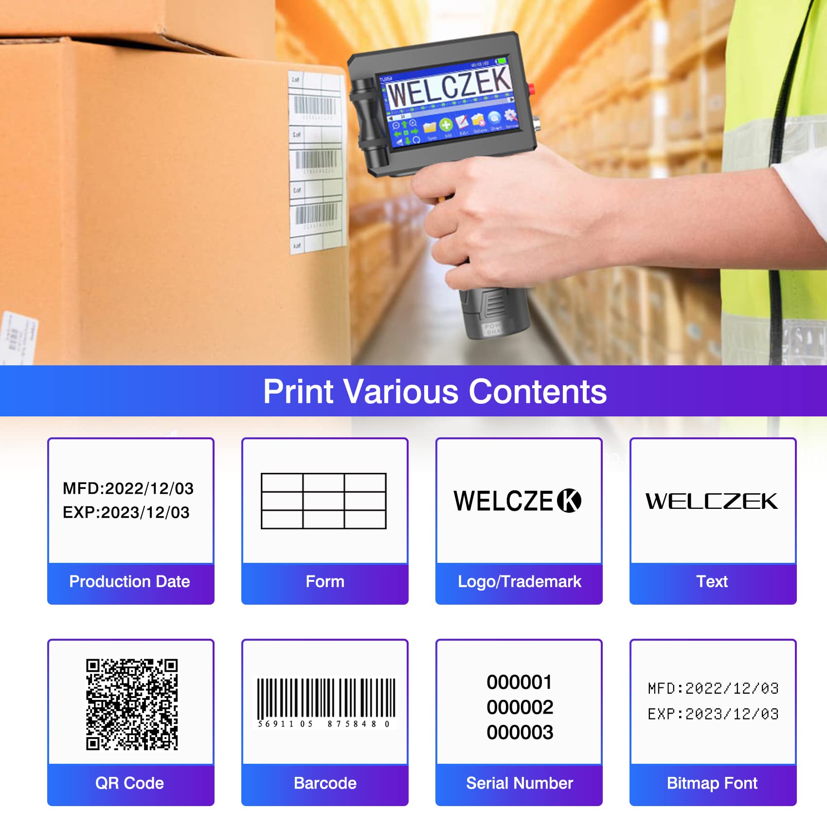 WELCZEK TIJ254 Portable Handheld Inkjet Printer 1 Inch Handheld Printer Quick Drying Injet Coding Machine for Barcode Date Logo QR Code Batch Number (Print Height 0.08-1 Inch)