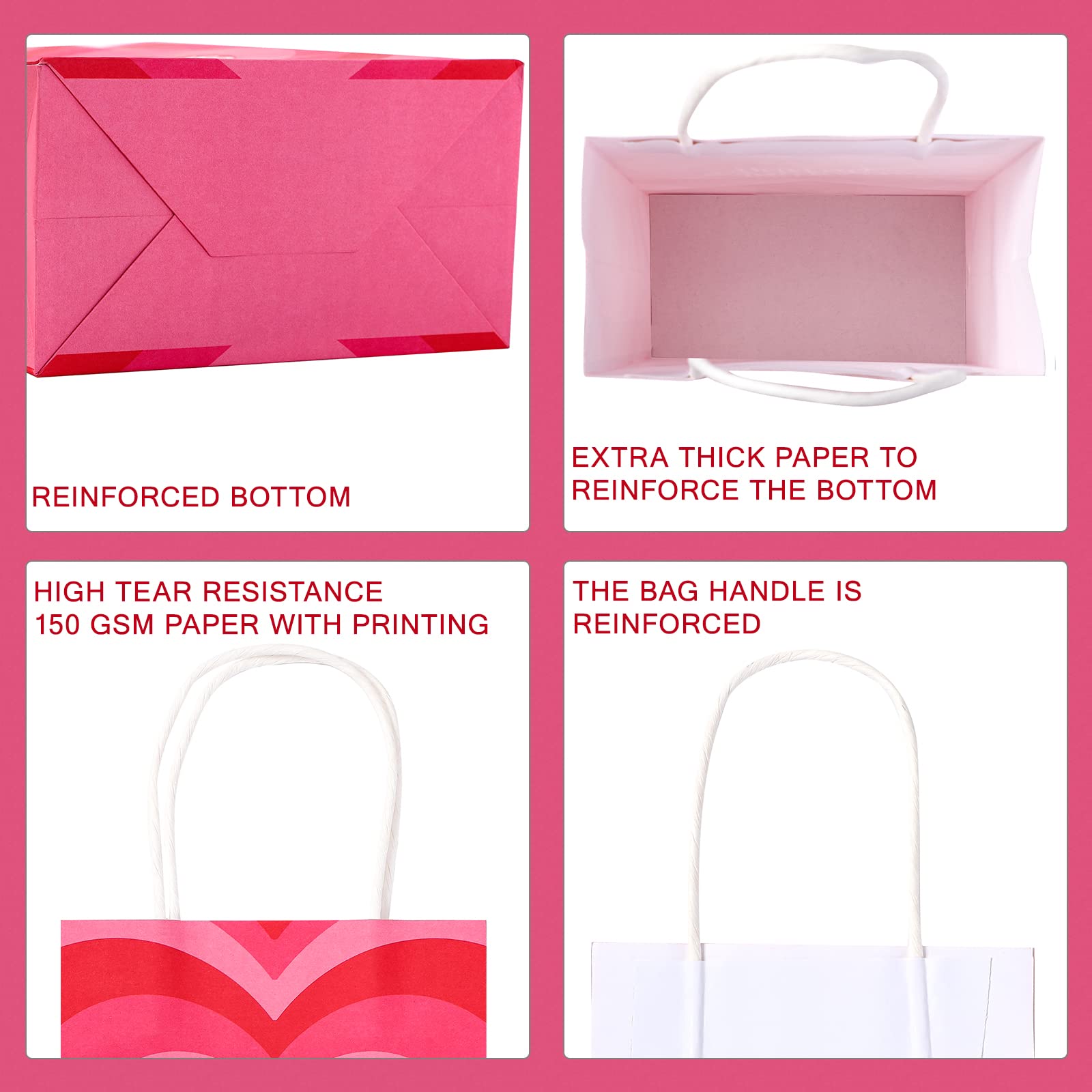 ECOptimize Gift Bag with Tissue Paper for Valentine's Day - 24 PCS Small Size(5.9"x3"x8") - Eco-Friendly Kraft White Paper Bag with Handle for Retail, Gift, Shopping & Party Favors(Pink, Red, Heart) - Double Side Pattern