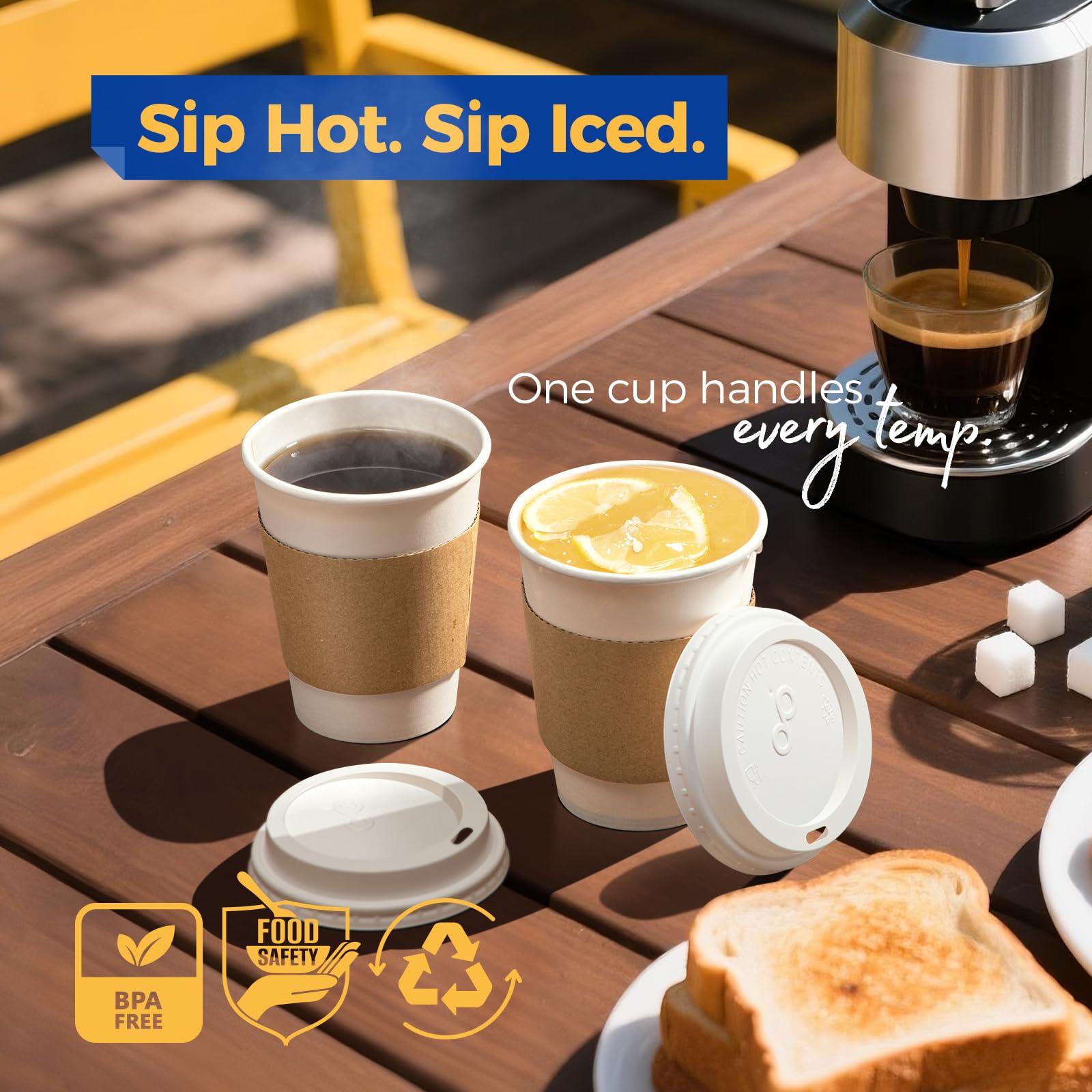 [50 Pack] White Coffee Cups with White Dome Lids and Brown Sleeves - 12oz Disposable Paper Coffee Cups - To Go Cups for Hot Chocolate, Tea, and Other Drinks - Ideal for Cafes, Bistros, and Businesses