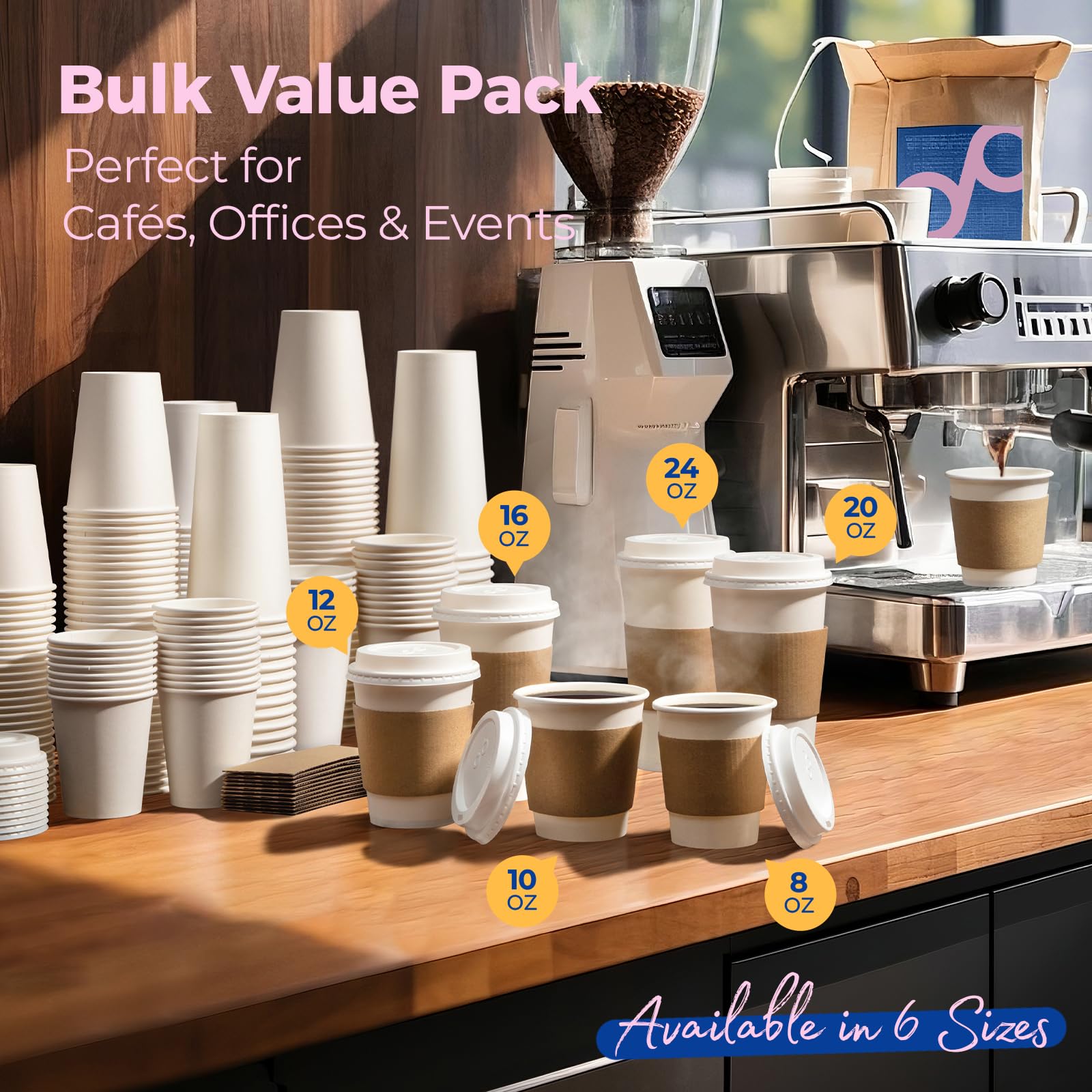 [50 Pack] White Coffee Cups with White Dome Lids and Brown Sleeves - 12oz Disposable Paper Coffee Cups - To Go Cups for Hot Chocolate, Tea, and Other Drinks - Ideal for Cafes, Bistros, and Businesses