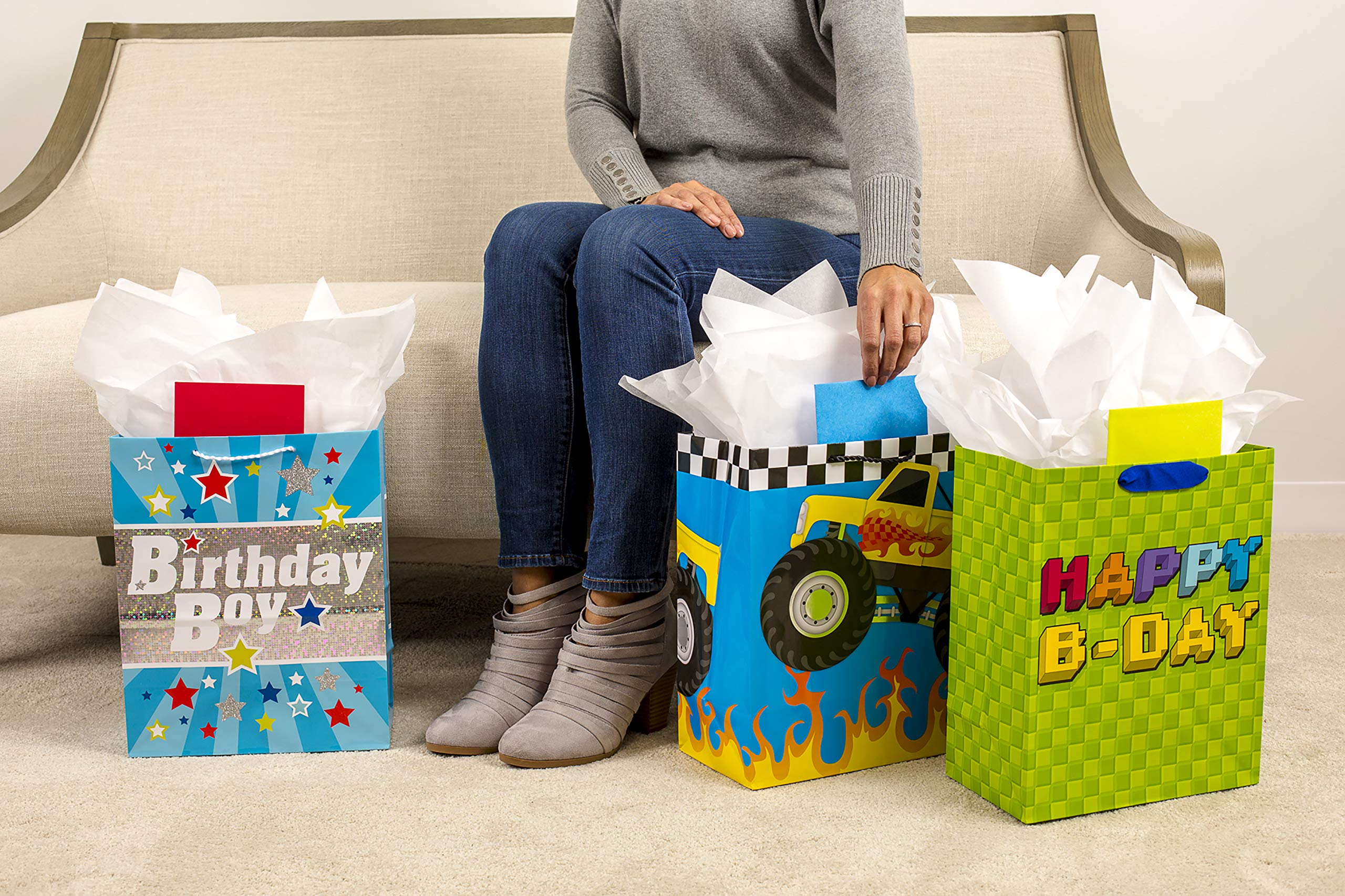 Hallmark 13" Large Birthday Gift Bag Bundle with Tissue Paper (Pack of 3: Monster Truck, Happy B-Day, Birthday Boy)