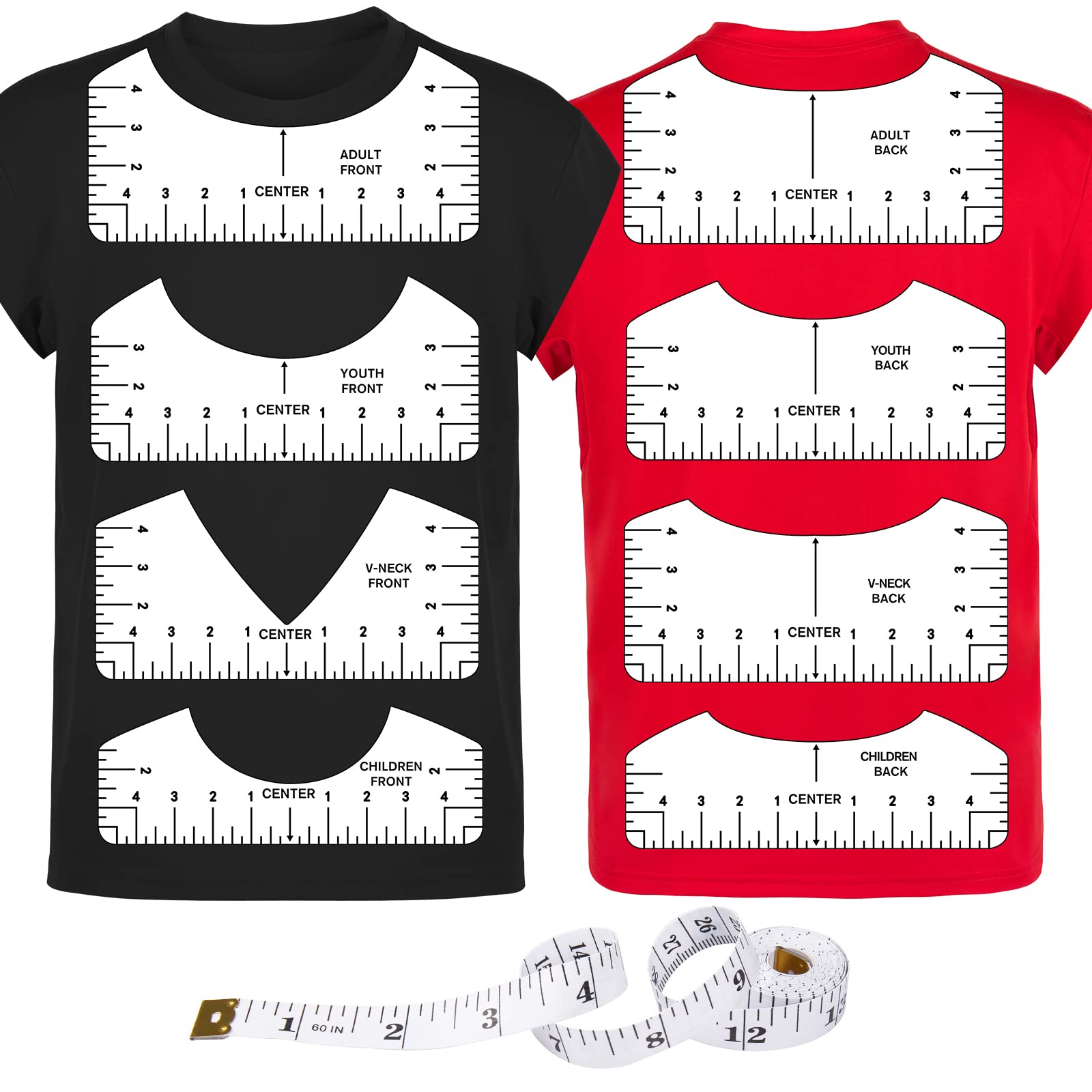 9Pcs Tshirt-Ruler Guide for Vinyl Alignment, Tshirt-Ruler for Heat Press, Tshirt-Rulers to Center Vinyl, Transparent V-Neck/Round PVC Ruler for Children Youth Adult, Front and Back Measurement (10in)