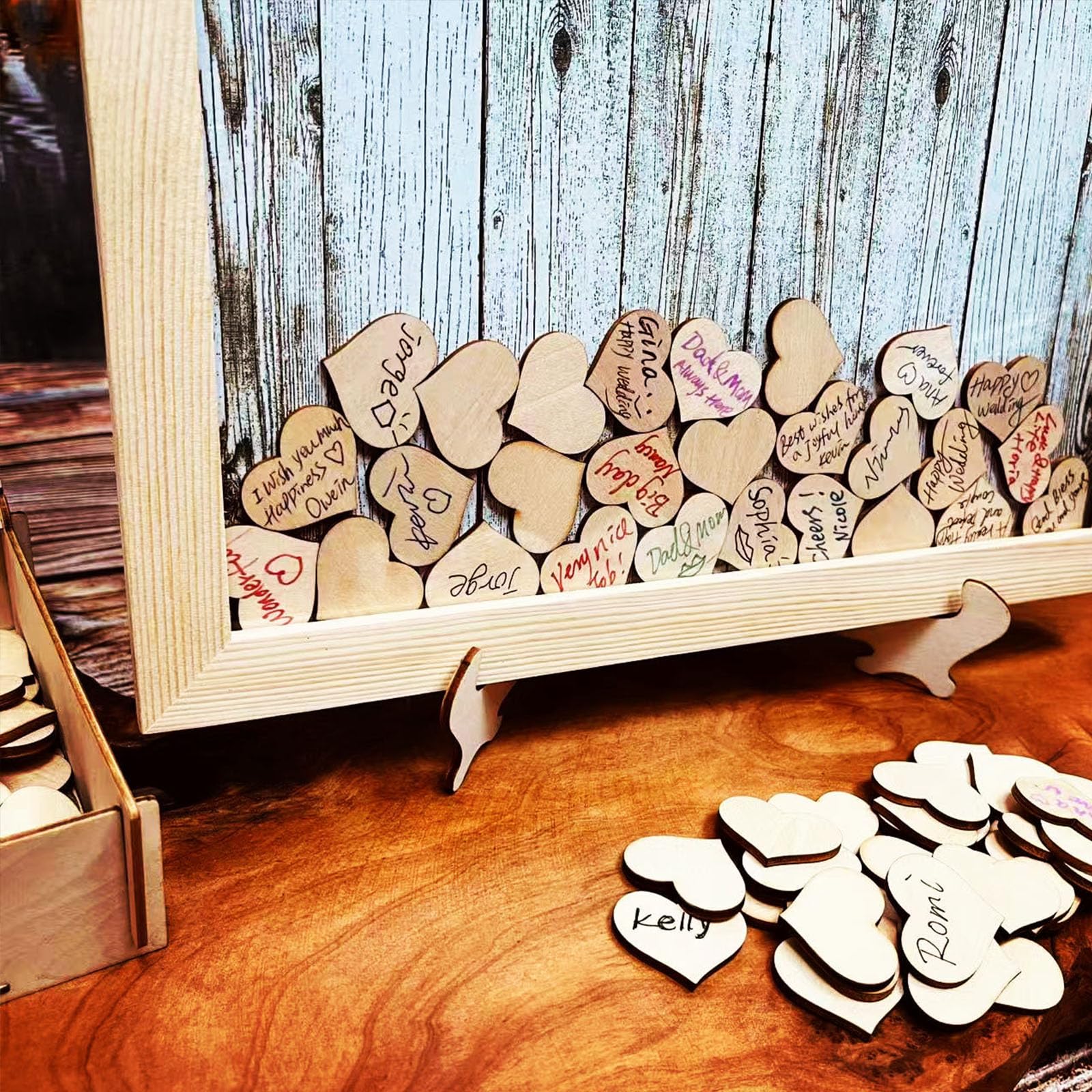 Wedding Guest Book Alternative Pen Sign Drop Top Wooden Frame for Baby Shower Birthday Party Decoration 120 Hearts
