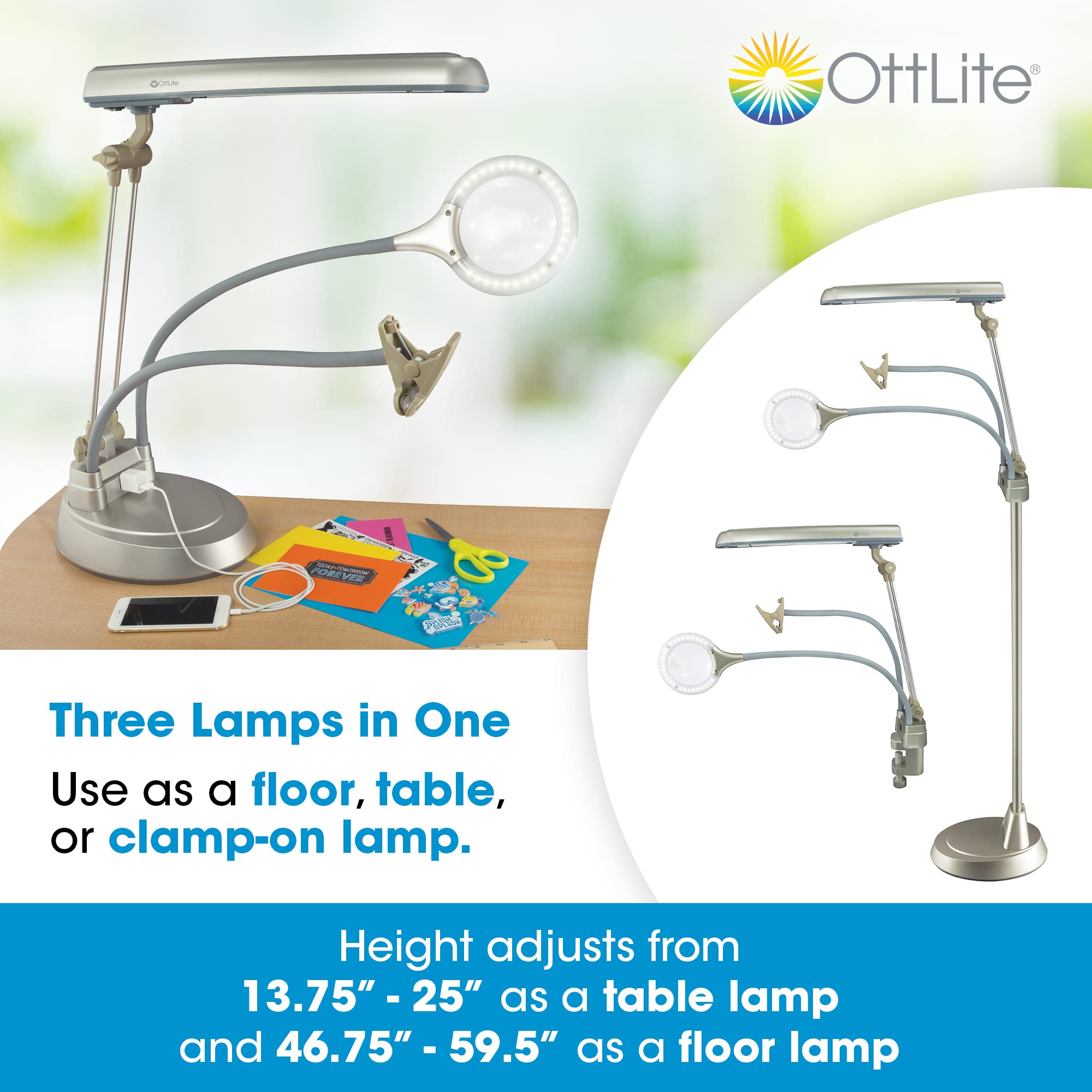 OttLite Ultimate 3-in-1 Craft Lamp, (Floor, Table and Clamp-On Lamp) 24w Energy Efficient Light Bulb for Bright Natural Daylight - Built-in Outlet, Adjustable Neck, 2X Magnifier & Versatile Height