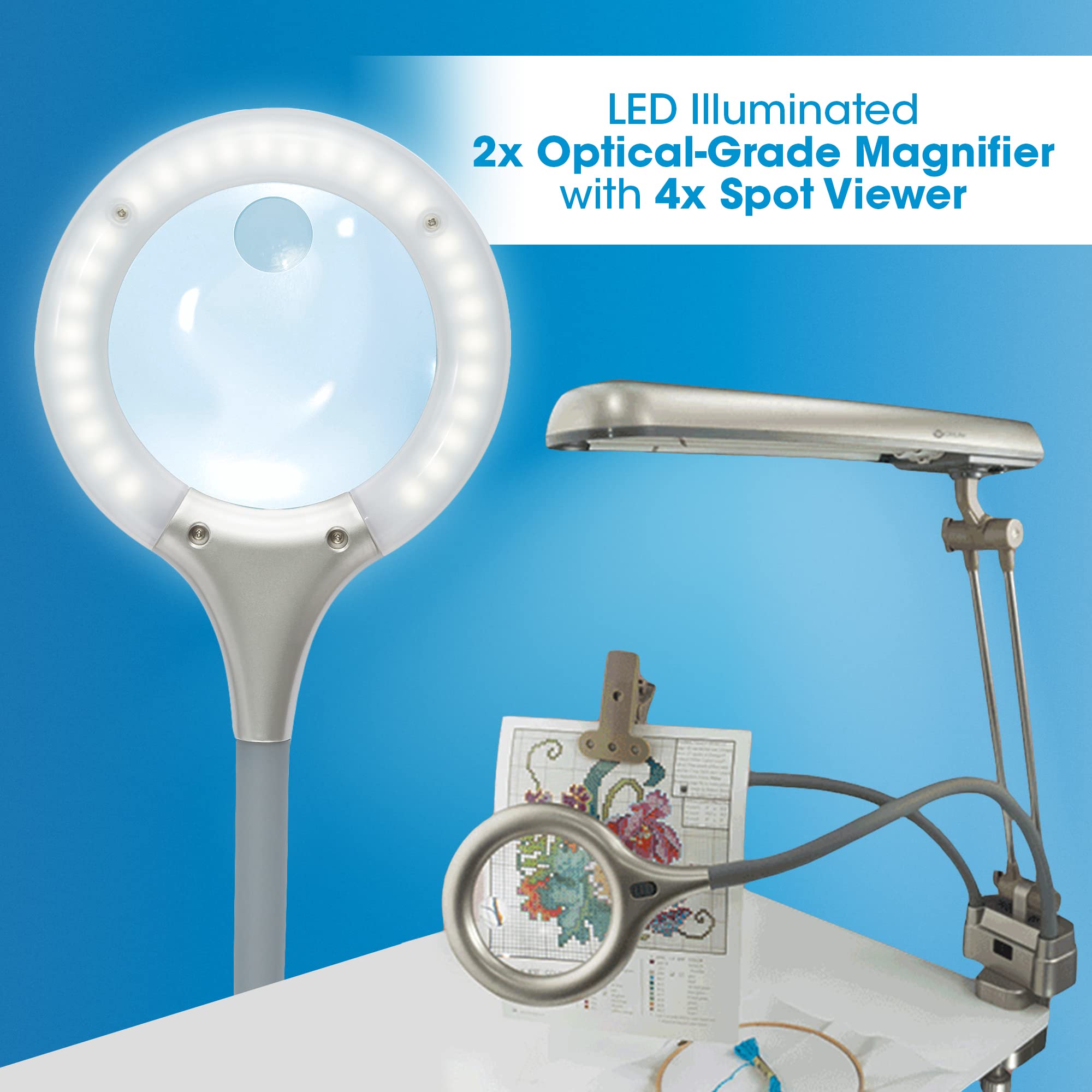 OttLite Ultimate 3-in-1 Craft Lamp, (Floor, Table and Clamp-On Lamp) 24w Energy Efficient Light Bulb for Bright Natural Daylight - Built-in Outlet, Adjustable Neck, 2X Magnifier & Versatile Height
