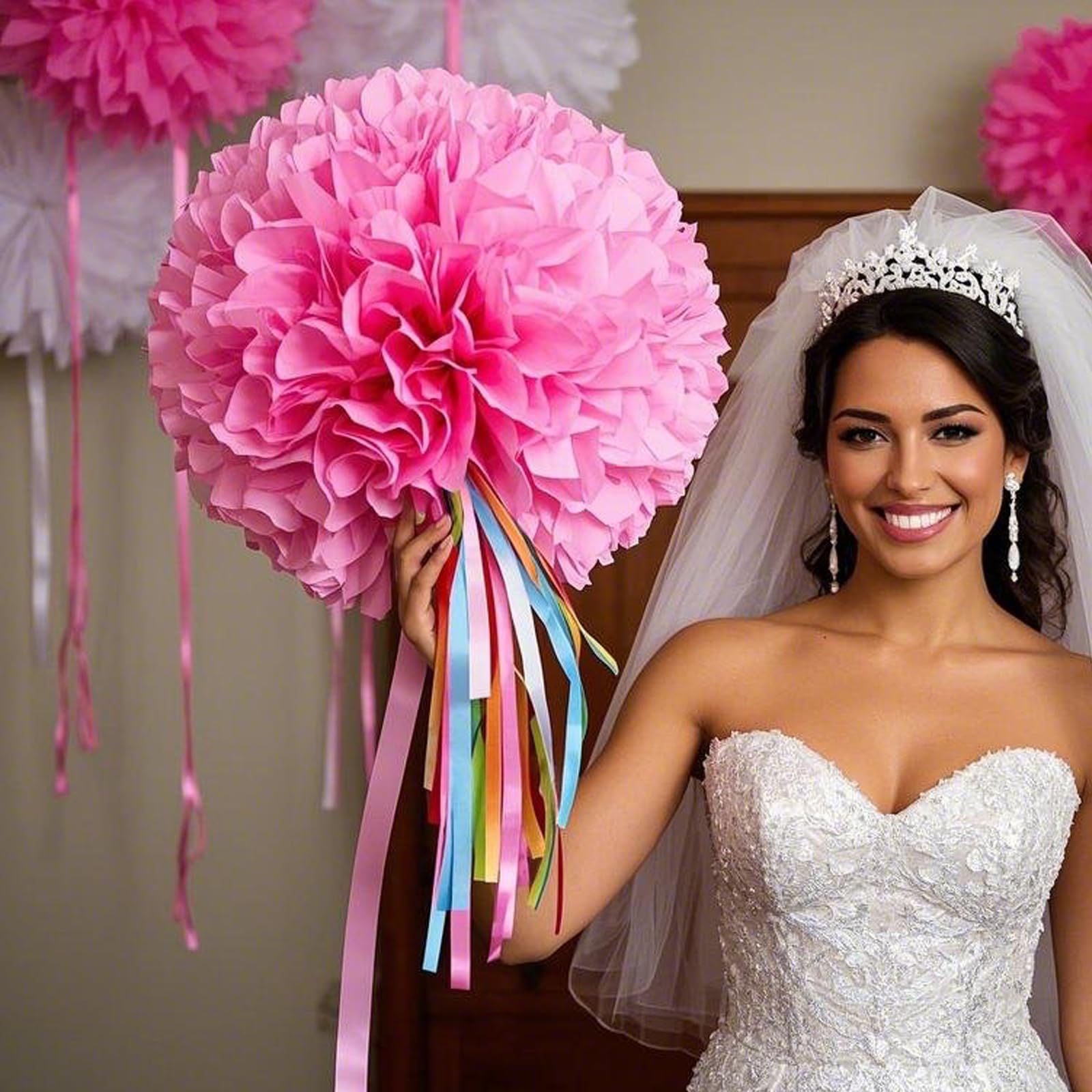 Pink Paper Pom Poms - 10",12" Tissue Pom Poms Decorations for Bachelorette Baby Shower Girl Party Hanging Decor - 12 Piece Set