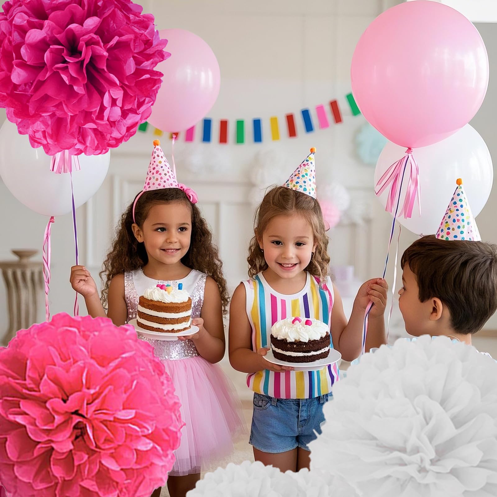 Pink Paper Pom Poms - 10",12" Tissue Pom Poms Decorations for Bachelorette Baby Shower Girl Party Hanging Decor - 12 Piece Set