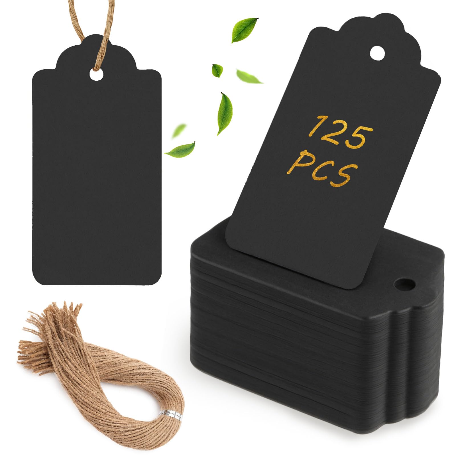 125pcs Black Paper Gift Tags with Free 200 Root Natural Jute Twine