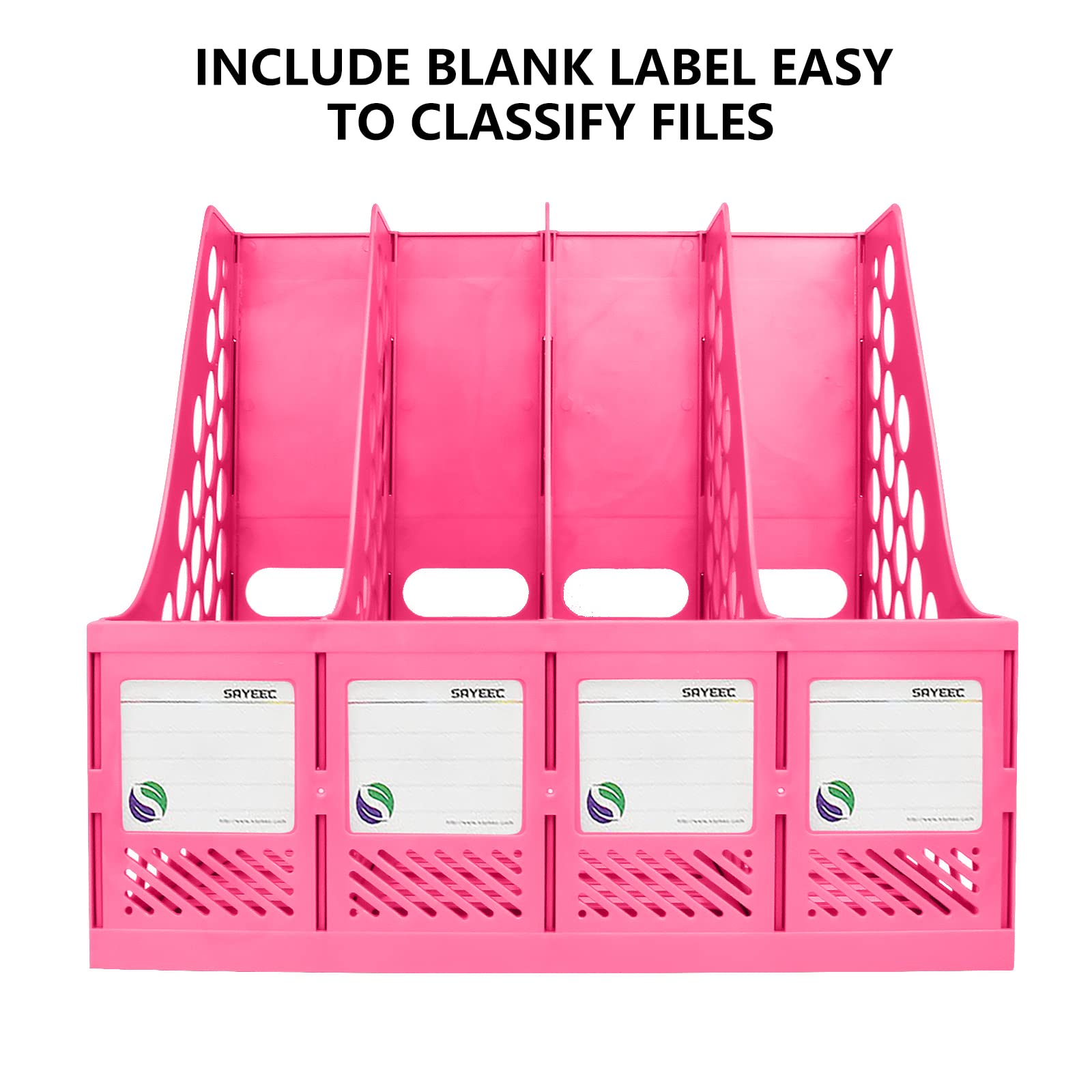 SAYEEC Magazine File Holder, Plastic Desk Organizer File Folder Holder for Desk with 4 Vertical Compartments, Sturdy Desktop Binder Organizer Home Accessories Storage for Office Organization (Pink)