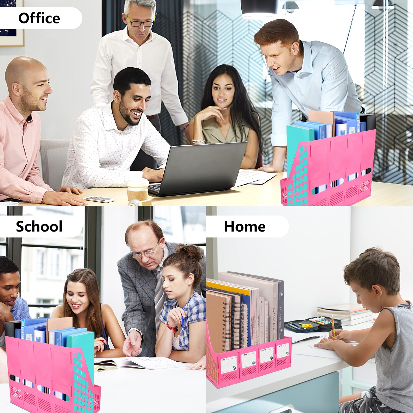 SAYEEC Magazine File Holder, Plastic Desk Organizer File Folder Holder for Desk with 4 Vertical Compartments, Sturdy Desktop Binder Organizer Home Accessories Storage for Office Organization (Pink)