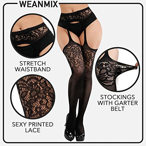 WEANMIX Suspender Garters Fishnet Stockings Lace Patterned Tights High Waist Pantyhose Fishnets for Women