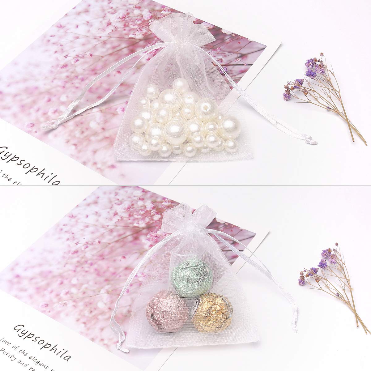 Akstore 100Pcs 2.8"x3.6"(7x9cm) Sheer Drawstring Organza Jewelry Pouches Wedding Party Christmas Favor Gift Bags (White)