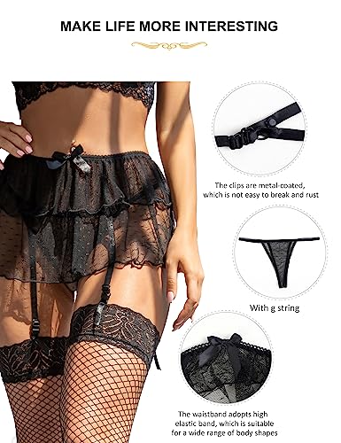 ohyeah Valentine Garter Belt Lingerie Black Floral Lace Garter Belt Set Plus Size Mesh Garter Blets for Women with 4 Straps for Thigh High Stockings