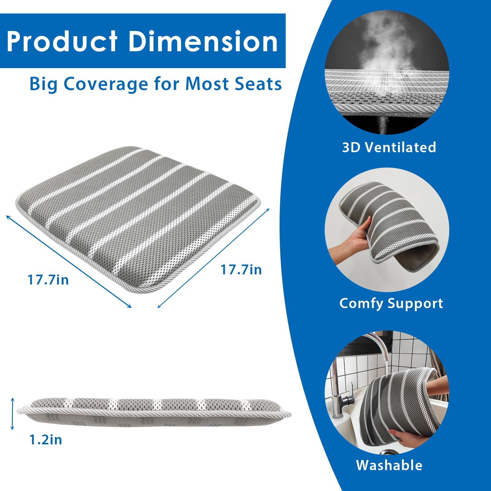 AEROiVi Office Chair Cushion, Non-Slip Car Seat Cushion with 3D Airmesh Pad Easy to Wash Breathable for Long Sitting for Relief and Comfort Square