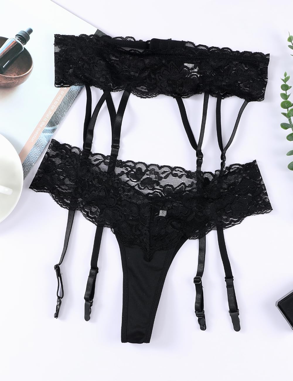 Nolrahiur Women's Floral Lace Garter Belt with Thong Elastic High-Waisted Lingerie Set with 4 Straps for Thigh High Stockings