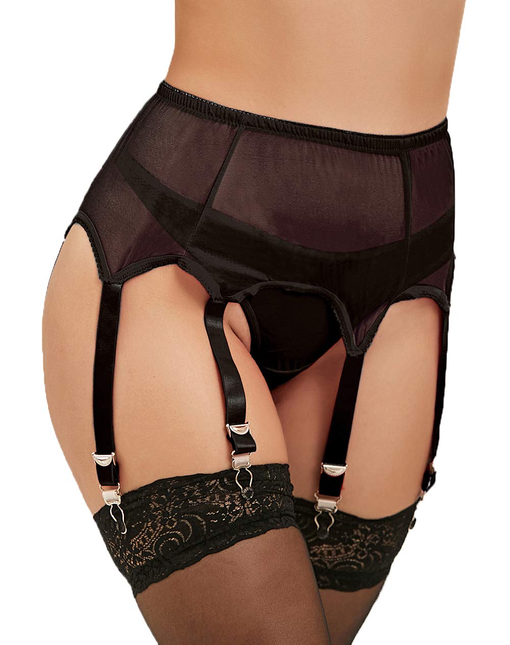 ohyeah Garter Belt and Thigh Highs Set Black Lace Garter Belt with 6 Straps Metal Clip for Thigh Highs Stockings Black Garter Belts for Women Lingerie M-L