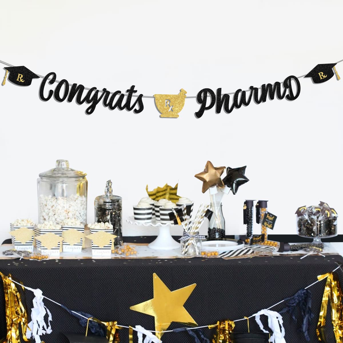 Congrats Graduation Banner, Black Congratulations Banner with Cap And Medicine Jar, NO-DIY Congratulations Banner Black and Gold Glitter PharmD College Graduation Decorations 2023